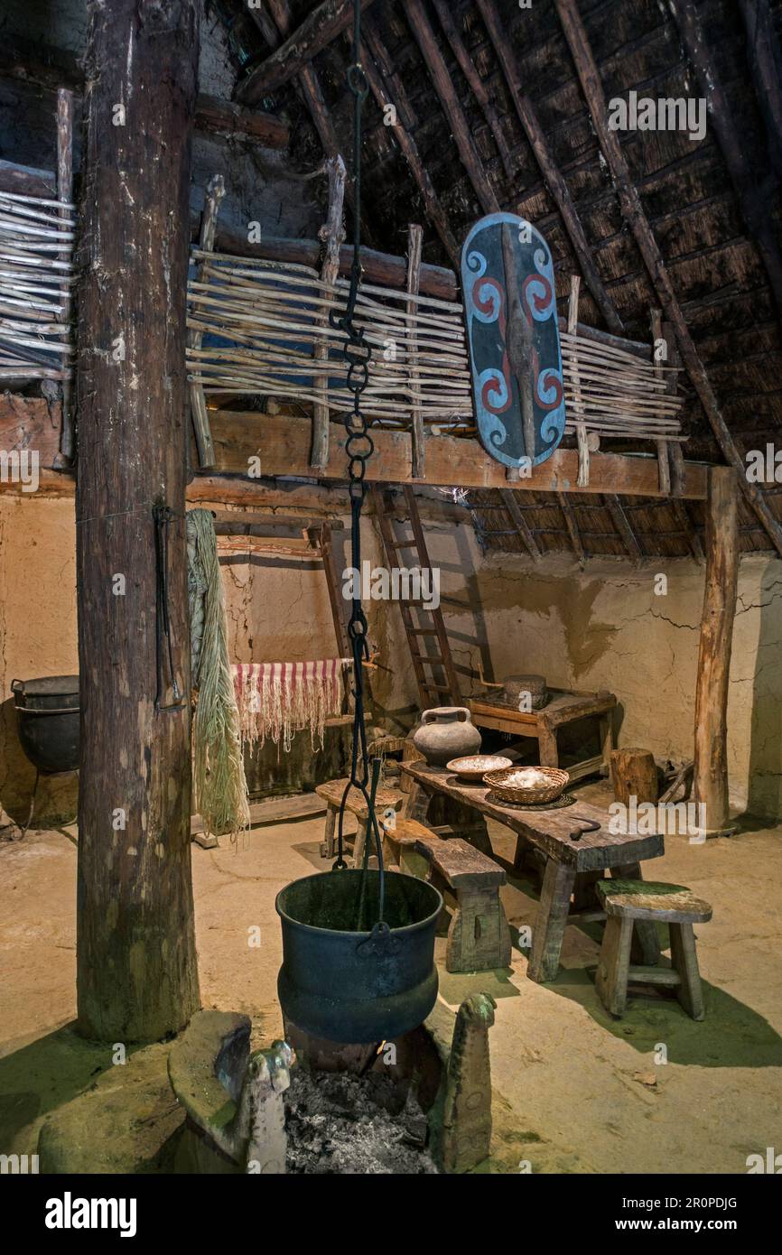 Interior of 1th century BC Gallic house showing furniture and cauldron ...