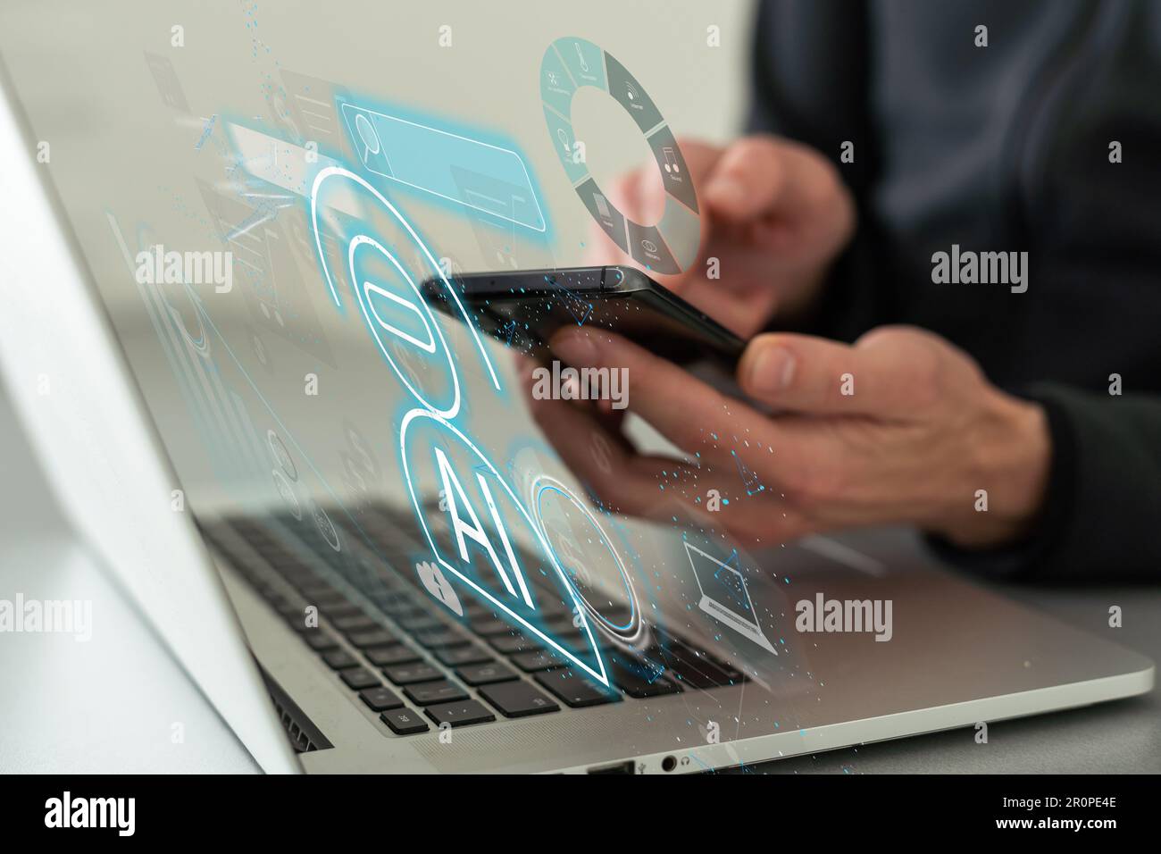 Double exposure of creative artificial Intelligence icon with modern ...