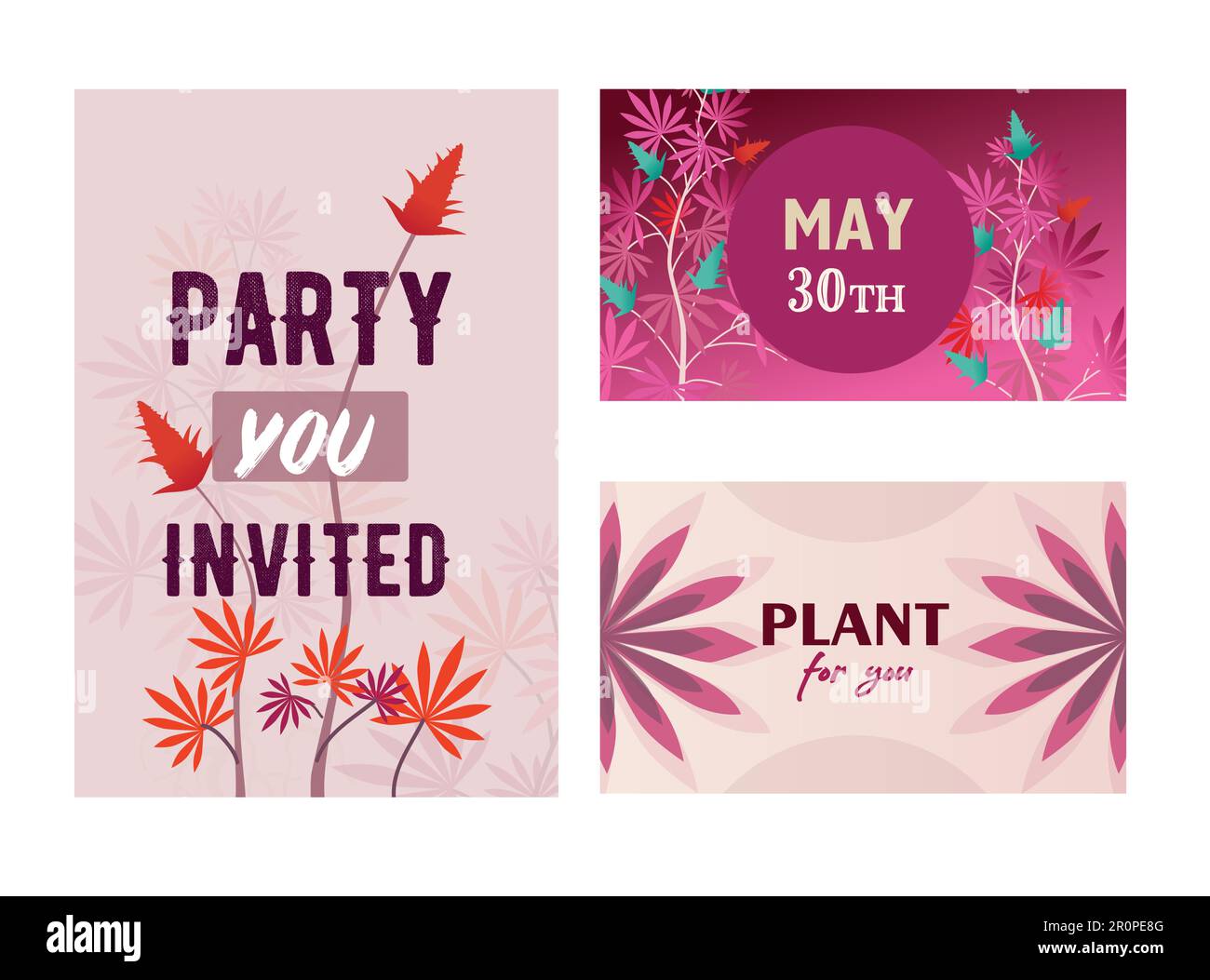Vivid pink hemp party invitation designs with growing plant Stock ...