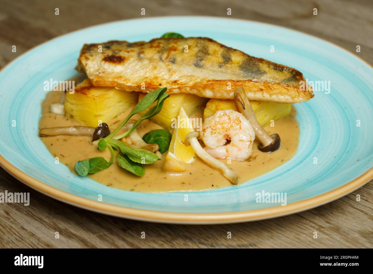 Roasted Zander fish fillet with potatoes and mushroom sauce Stock Photo ...