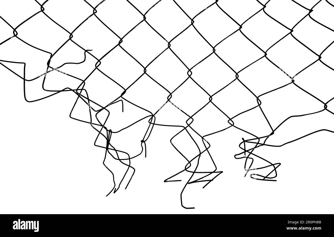 The texture of the metal mesh. Torn, destroyed, broken metal mesh on a ...