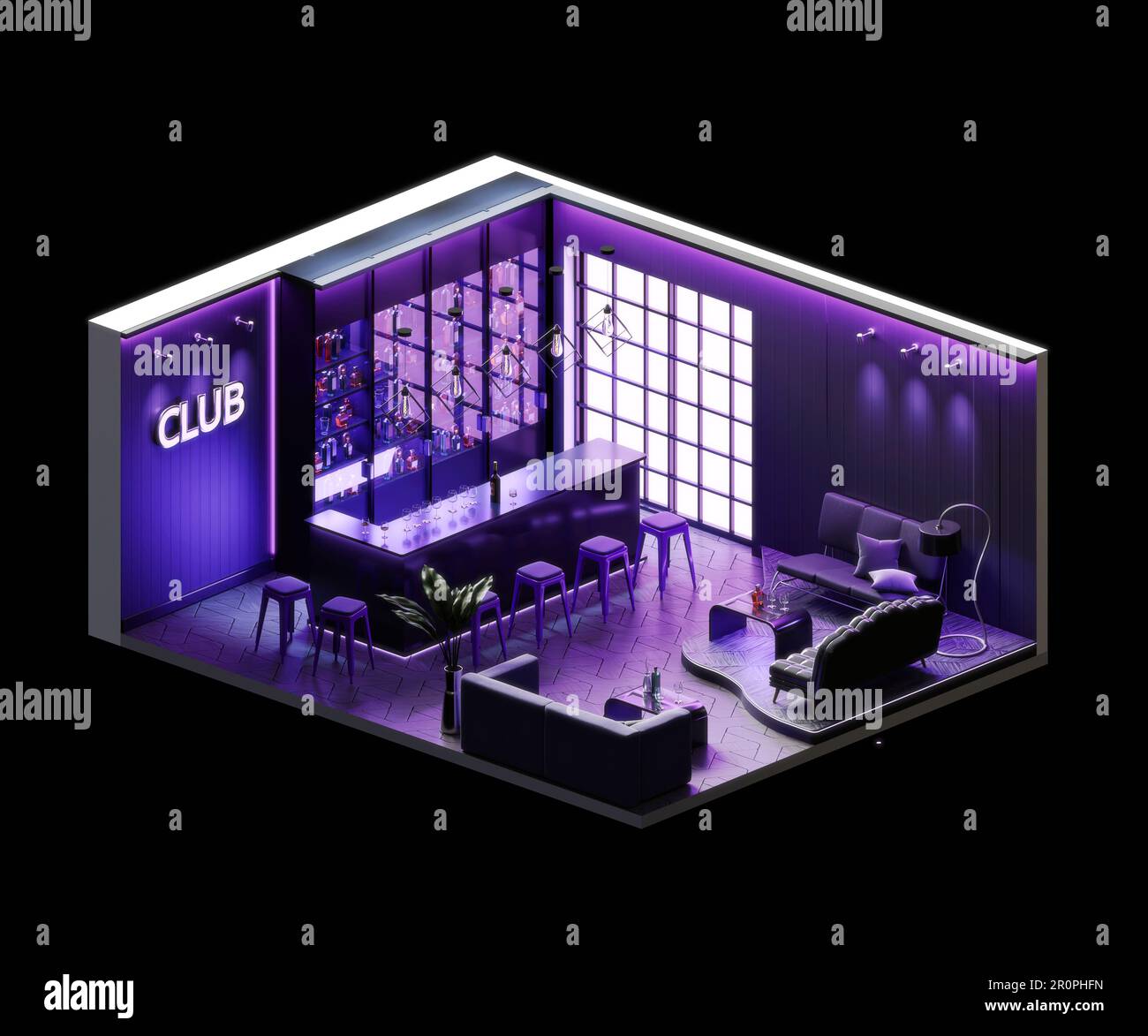 Isometric view night club style room open inside interior architecture ...