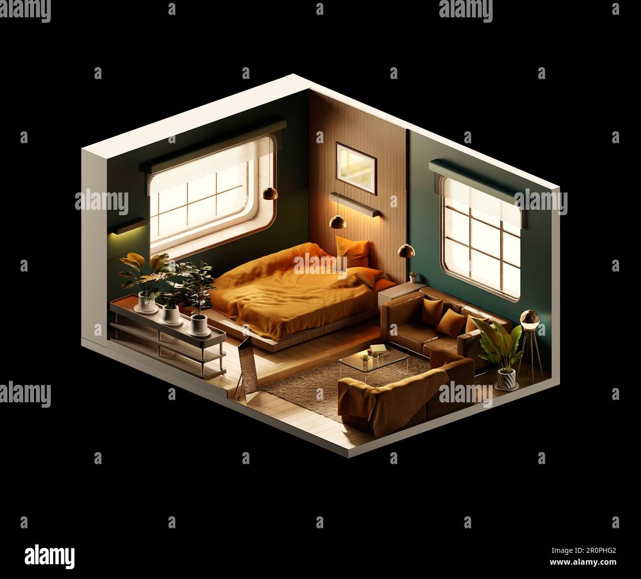Isometric view bed room vintage style open inside interior architecture ...