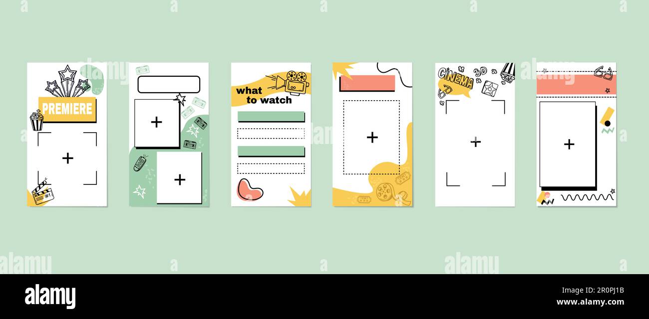 Set of social media story layouts with hand drawn doodles of cinema ...