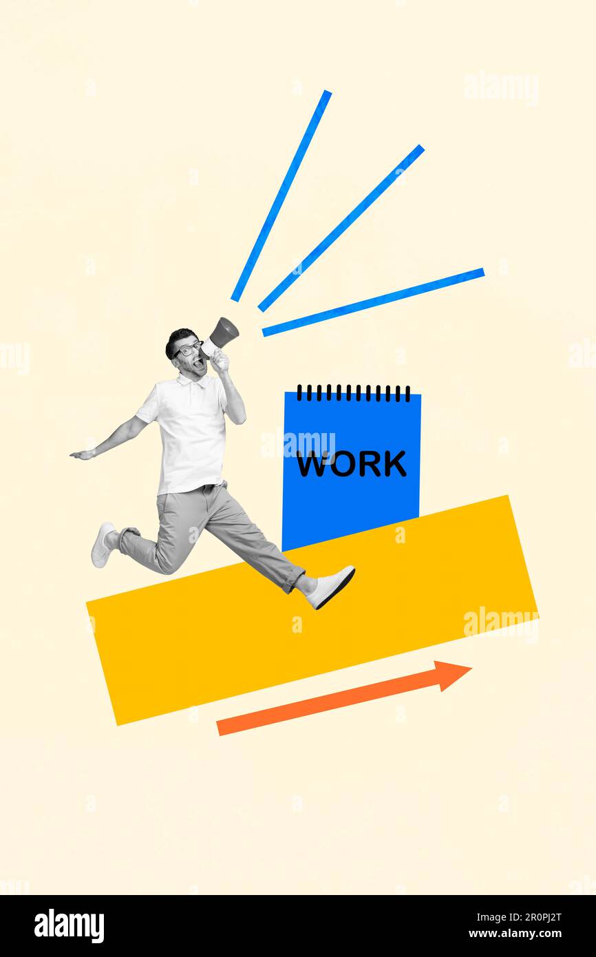 Business magazine template collage of man worker shout megaphone ...