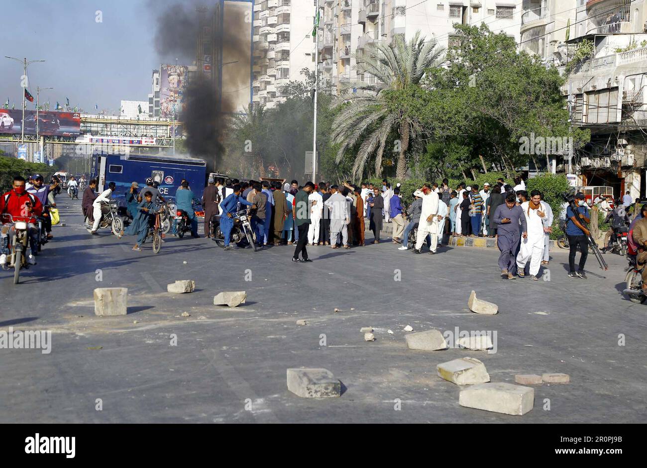View of site after violence erupted during protest demonstration of ...
