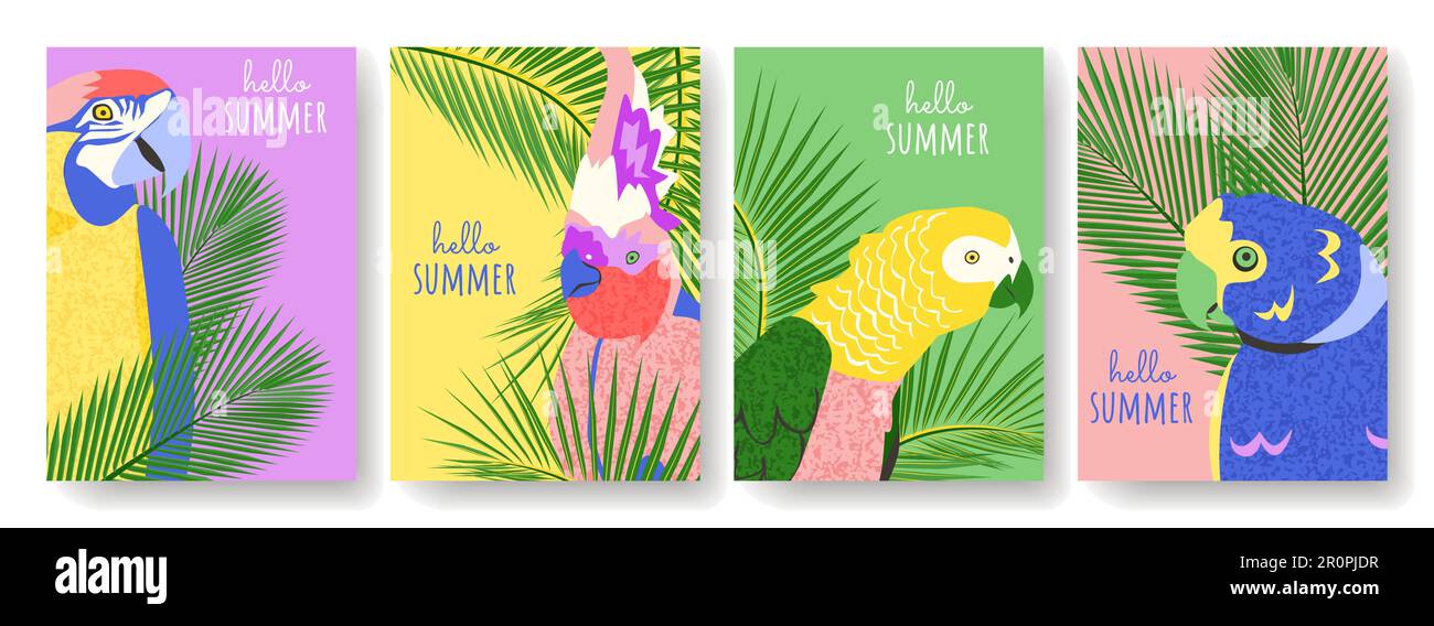 Collection of abstract hello summer background with parrots palm leaves ...