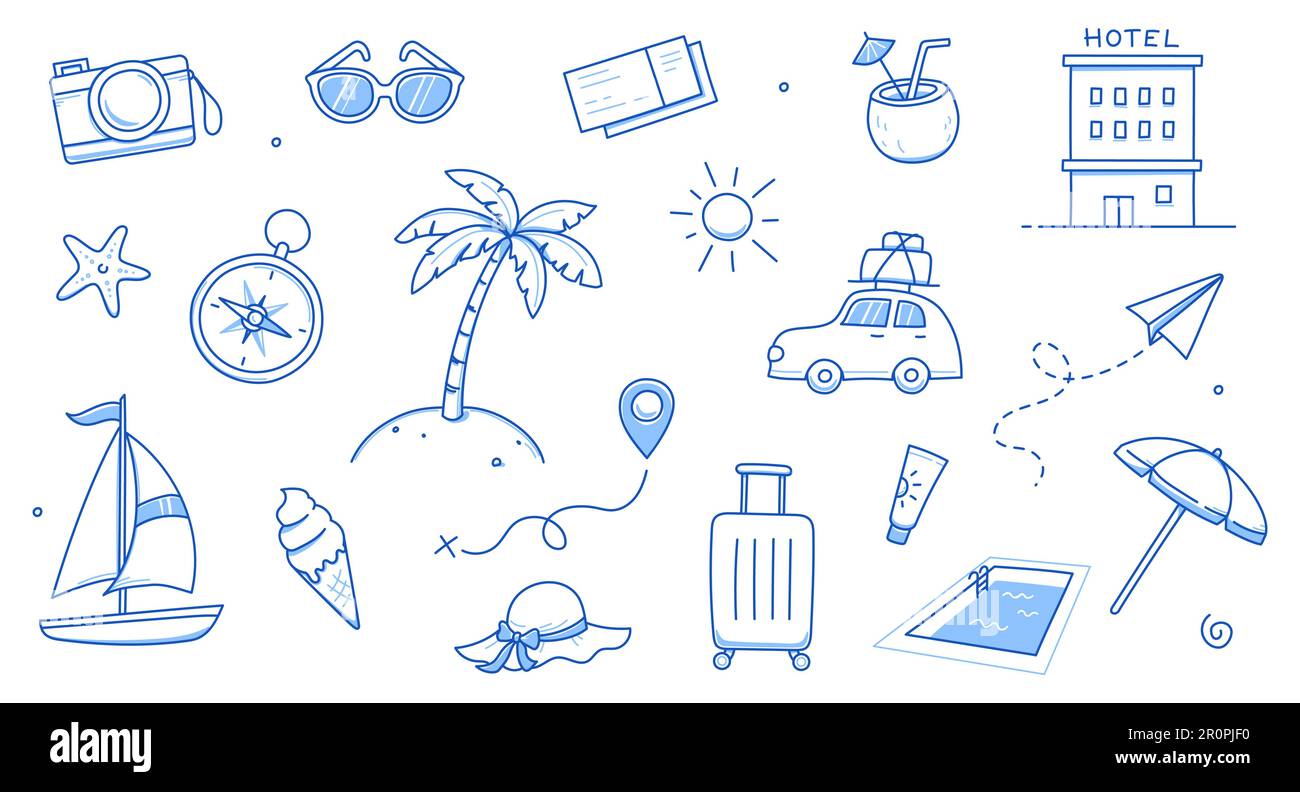 Summer travel vacation drawn set. Hand drawn sketch doodle style summer trip, vacation ...