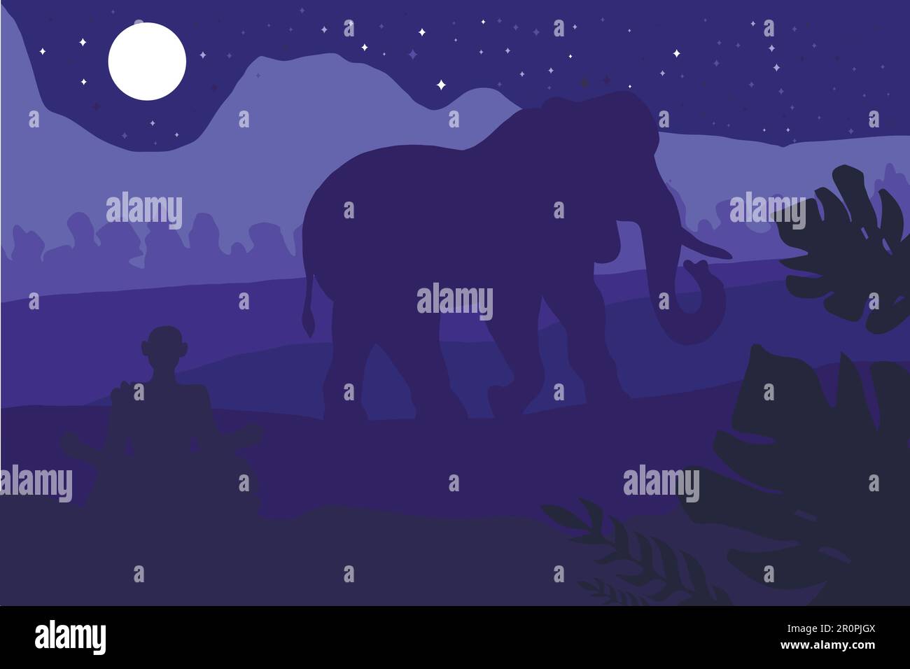 Indian tropical landscape with elephant and monk. Forest landscape ...