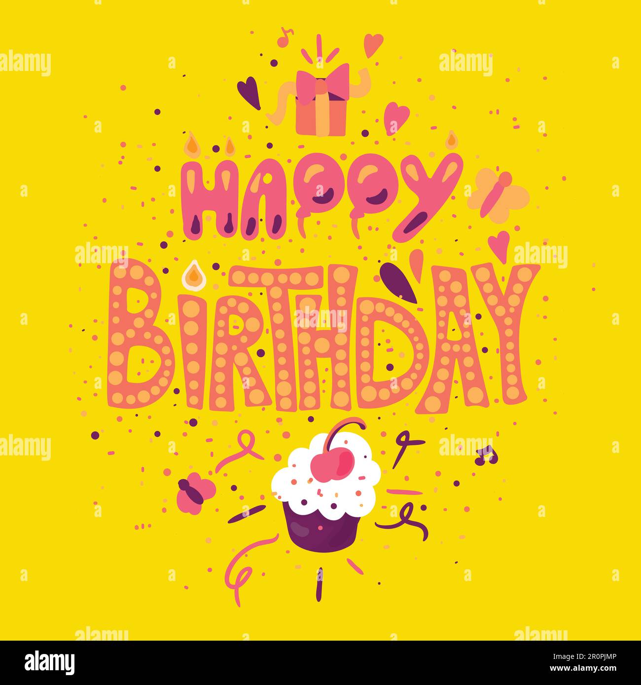 Happy Birthday Greeting Card With Cupcake On Yellow Background. Vector ...