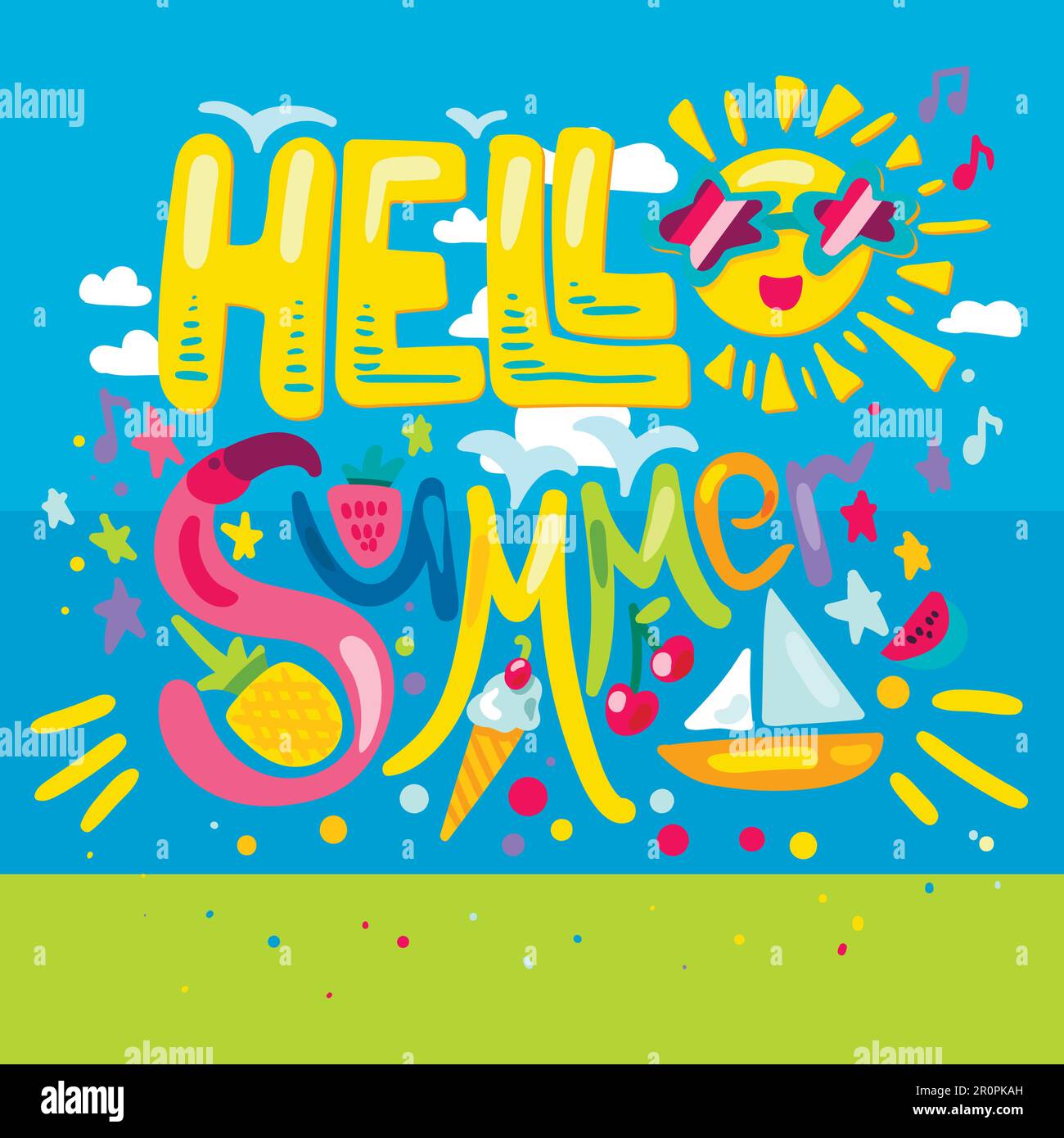 Hello Summer Concept With Fruits, Ice Cream, Flamingos, Yacht and Sun. Vector Stock Vector Image ...