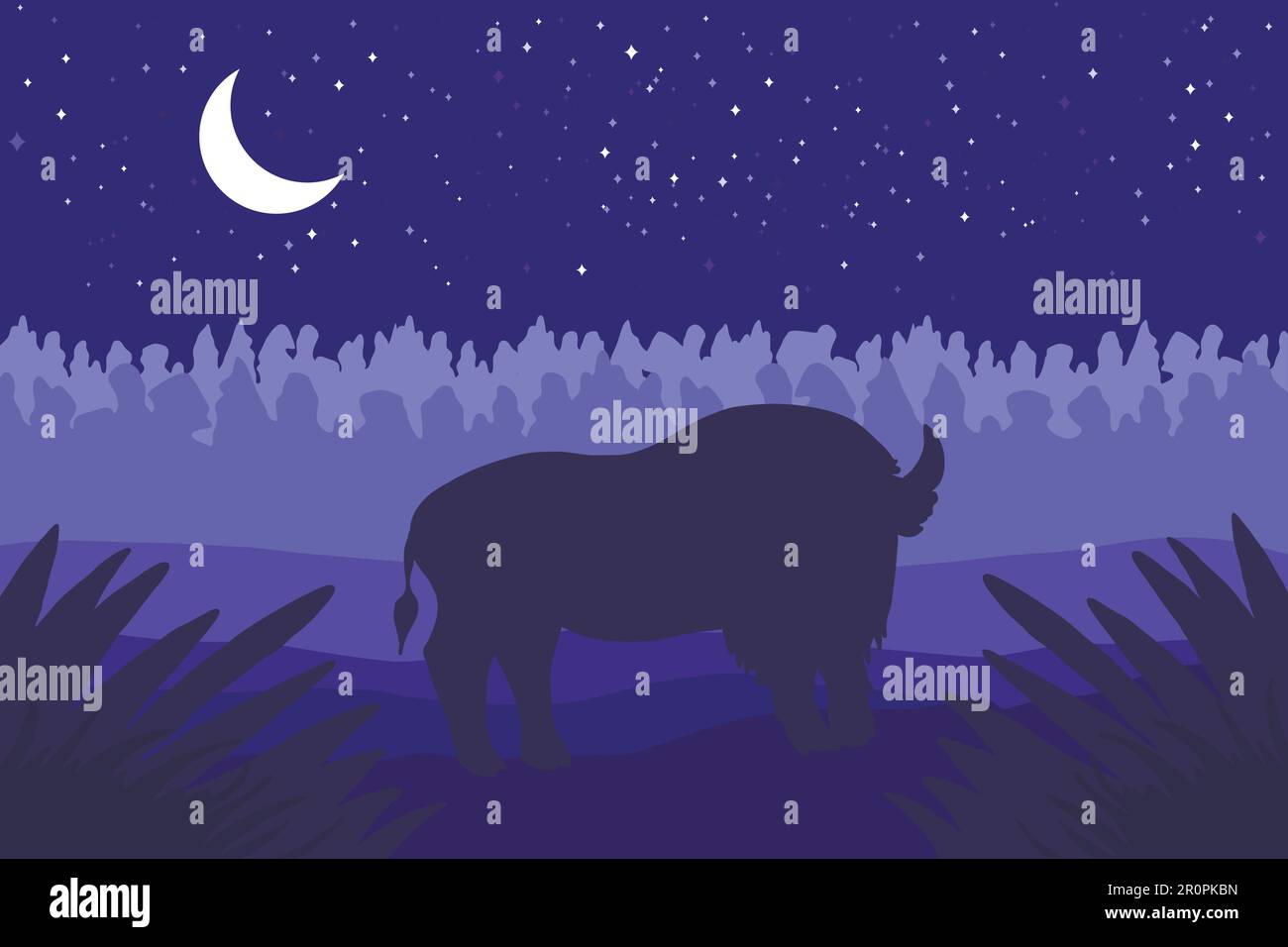 Landscape with wild bizon on field. Prairie landscape. Night panorama ...