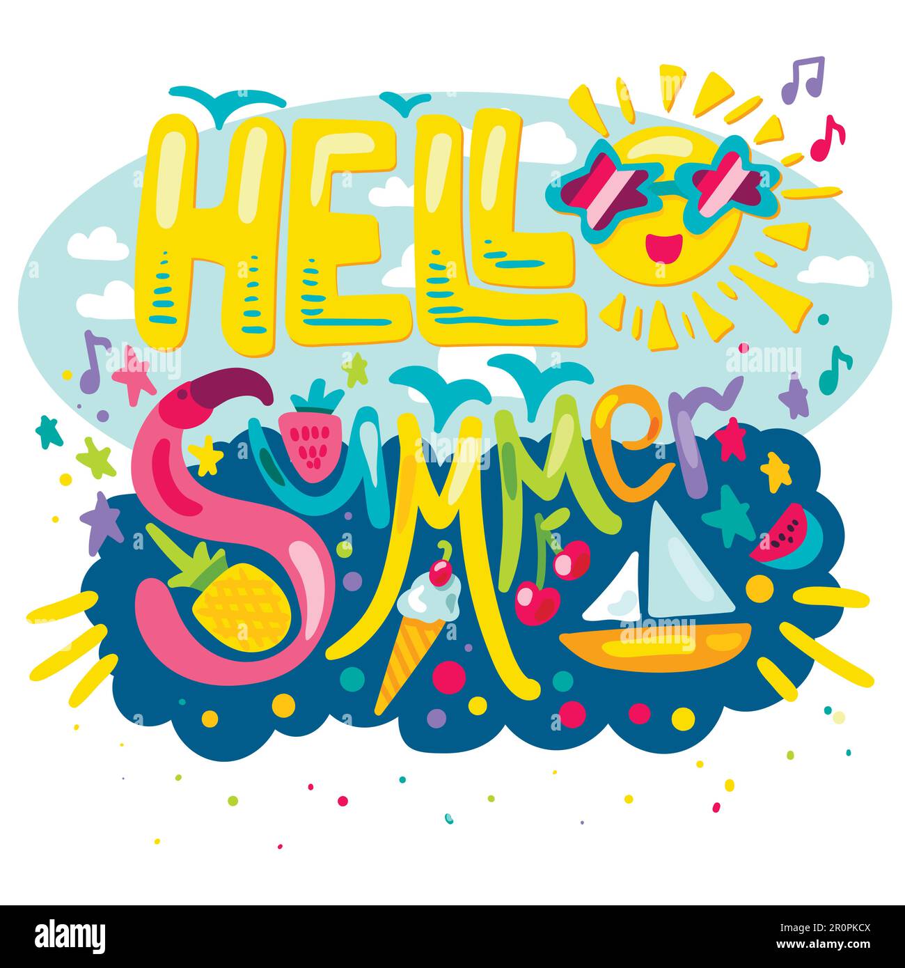 Hello Summer Concept With Fruits, Ice Cream, Flamingos, Yacht and Sun ...