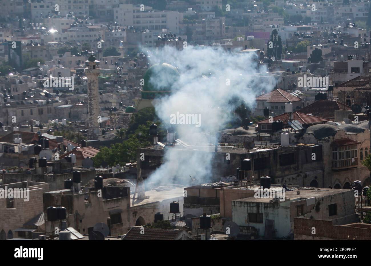 Nablus, Palestine. 09th May, 2023. Smoke rises from the old city of ...
