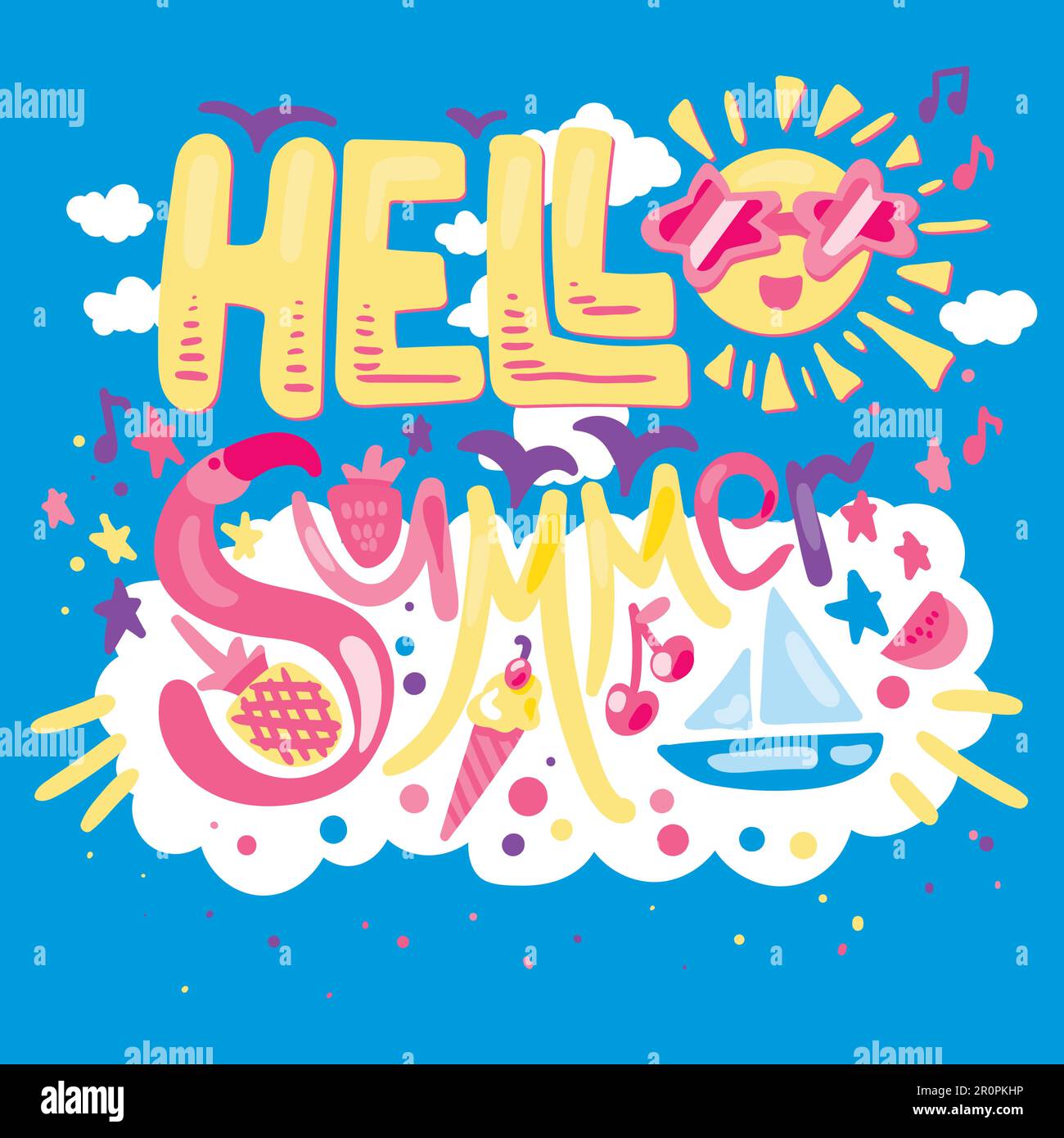 Hello Summer Concept With Fruits, Ice Cream, Flamingos, Yacht and Sun. Vector Stock Vector Image ...