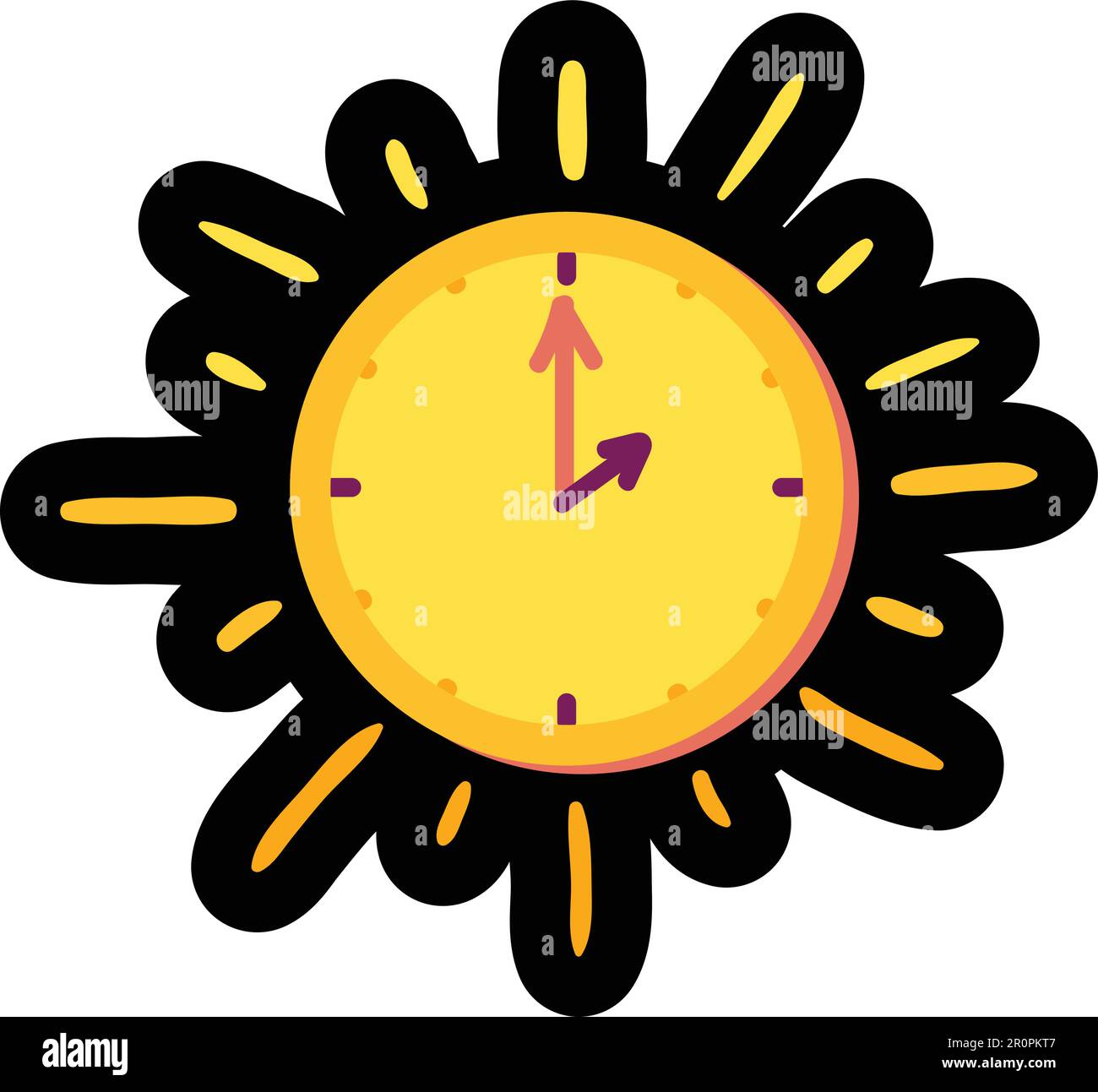 Sun clock flat color illustration. Time management. Watch with lights ...