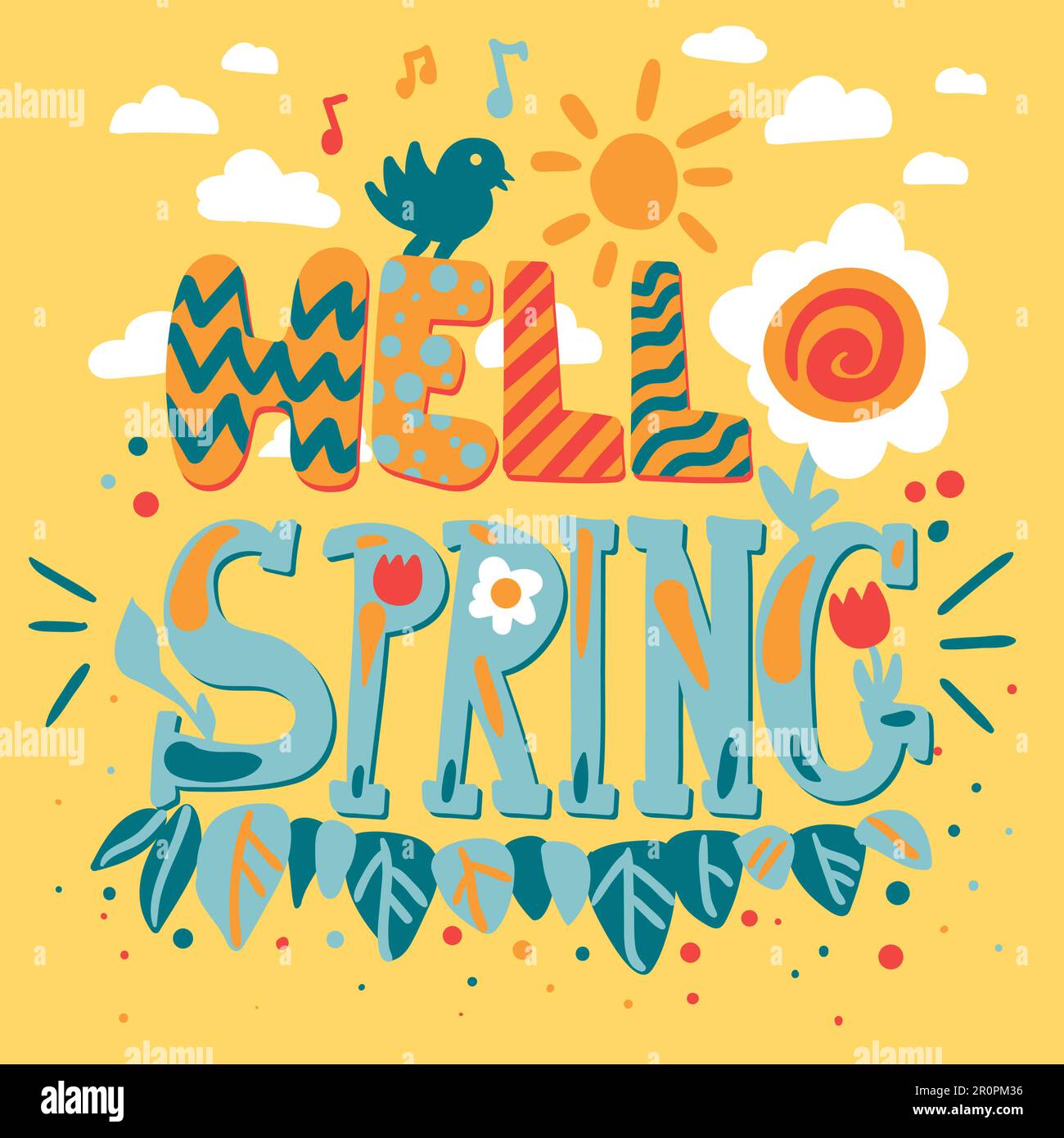 Hello Spring Concept With Flowers, Bird and Sun. Vector Stock Vector ...