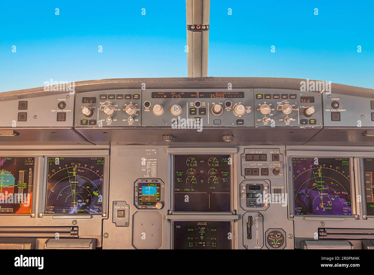 cockpit view of a commercial jet airliner with pilot in cruise phase of ...