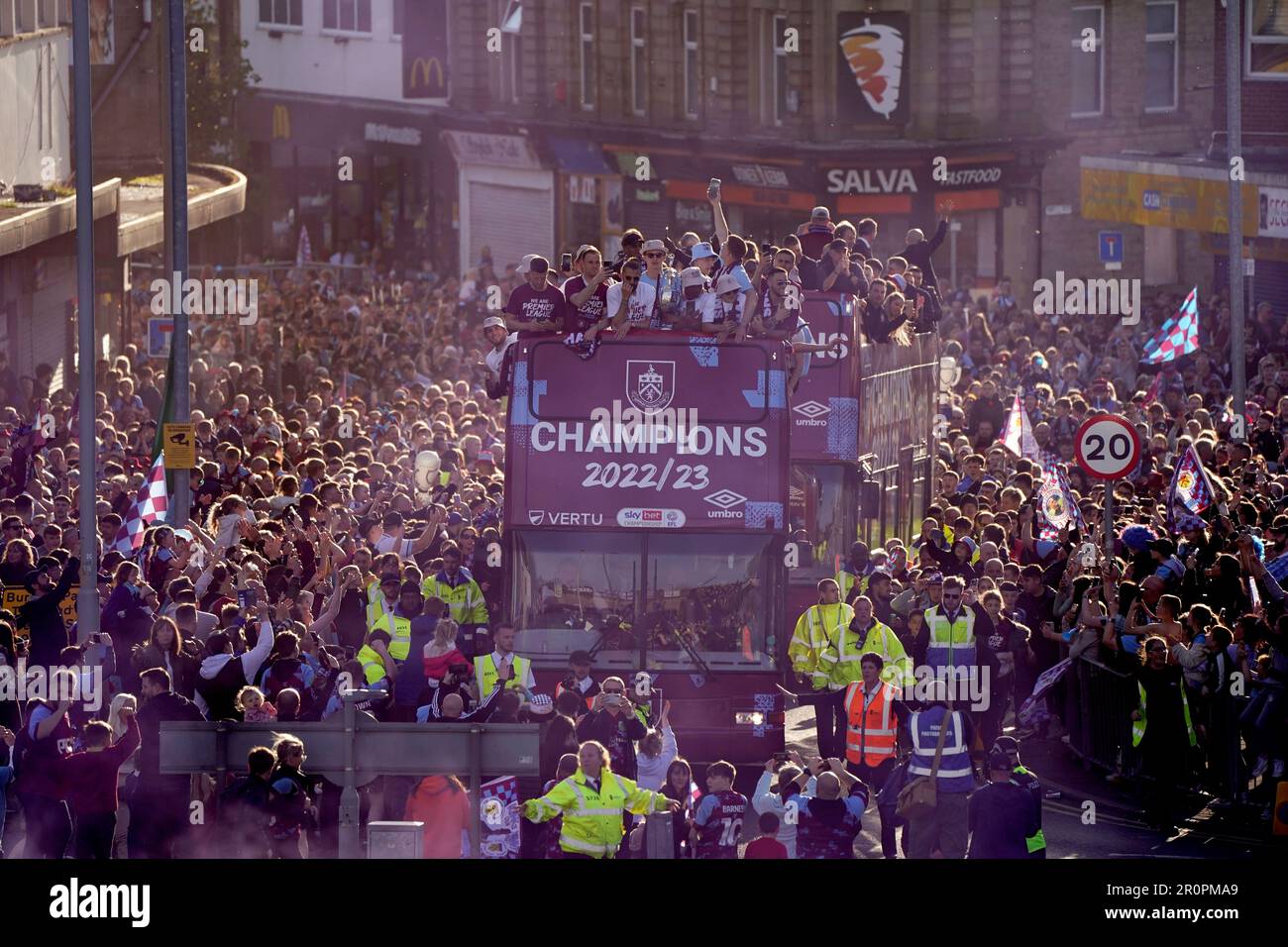 Burnley players during an open top bus parade from Burnley Town Hall to ...