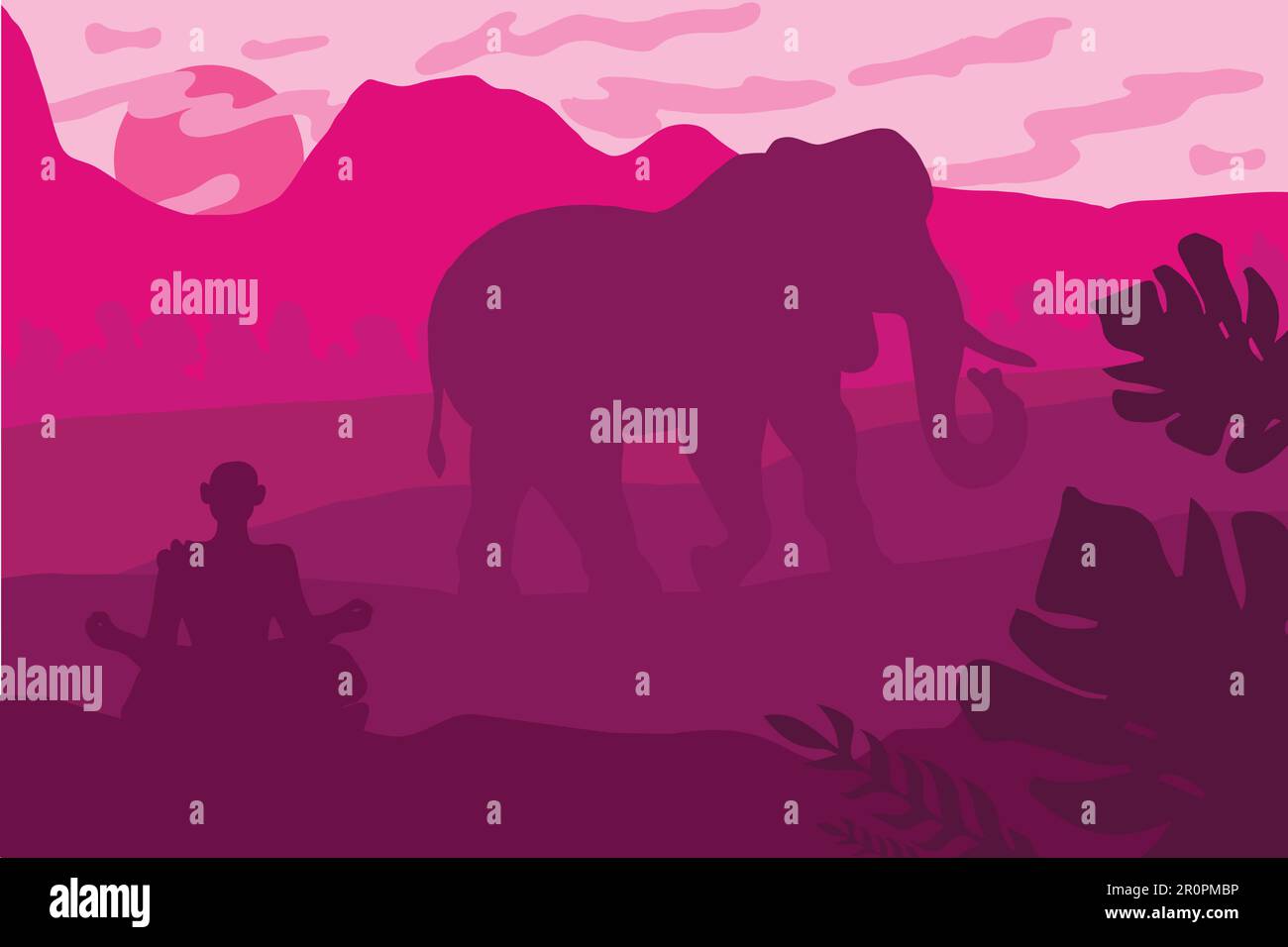 Indian Landscape With Elephant and Yog. Tropical Wildlife Panorama ...