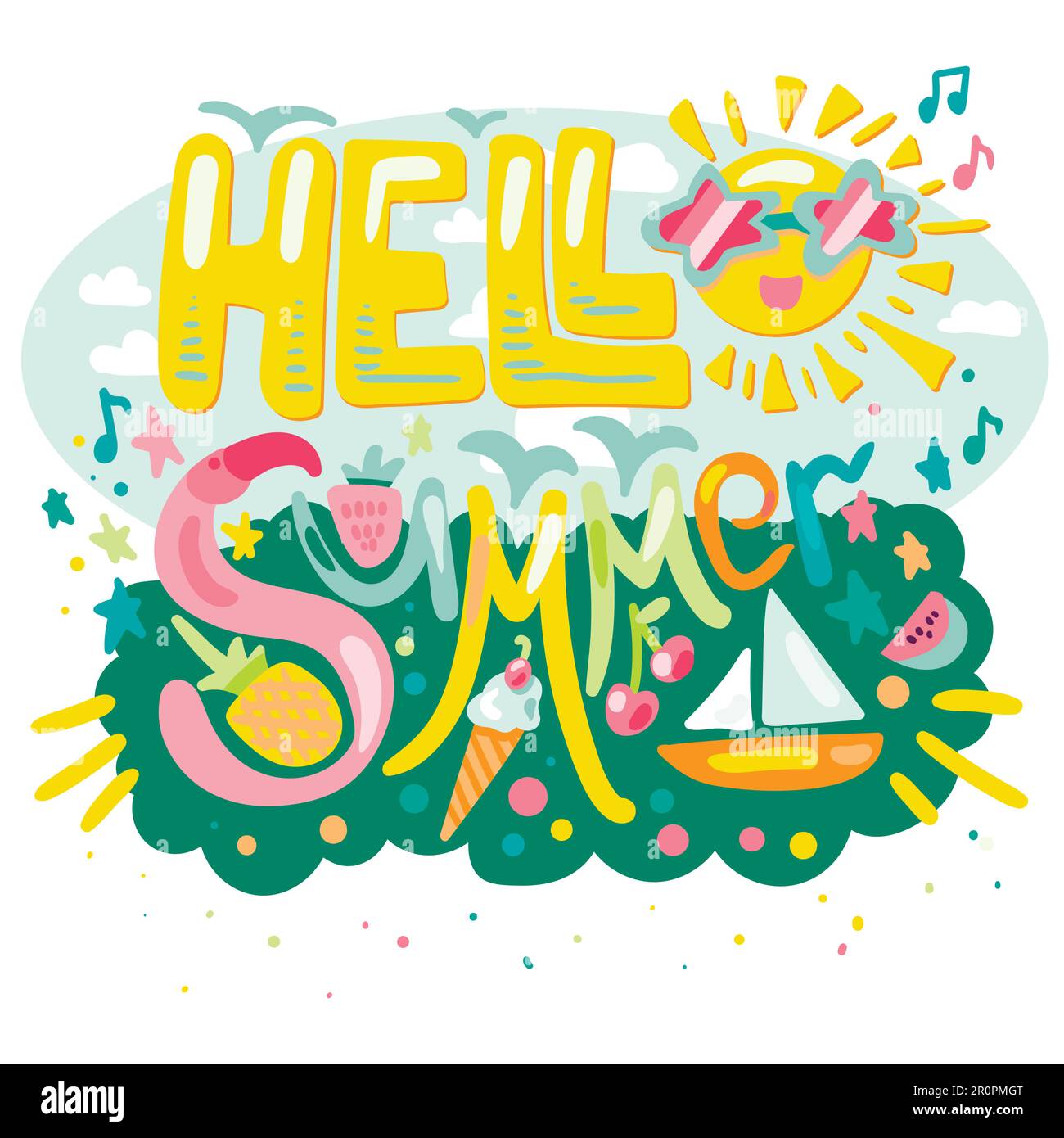 Hello Summer Concept With Fruits, Ice Cream, Flamingos, Yacht and Sun ...