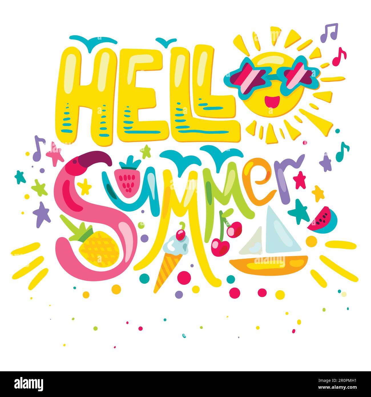 Hello Summer Concept With Fruits, Ice Cream, Flamingos, Yacht and Sun ...