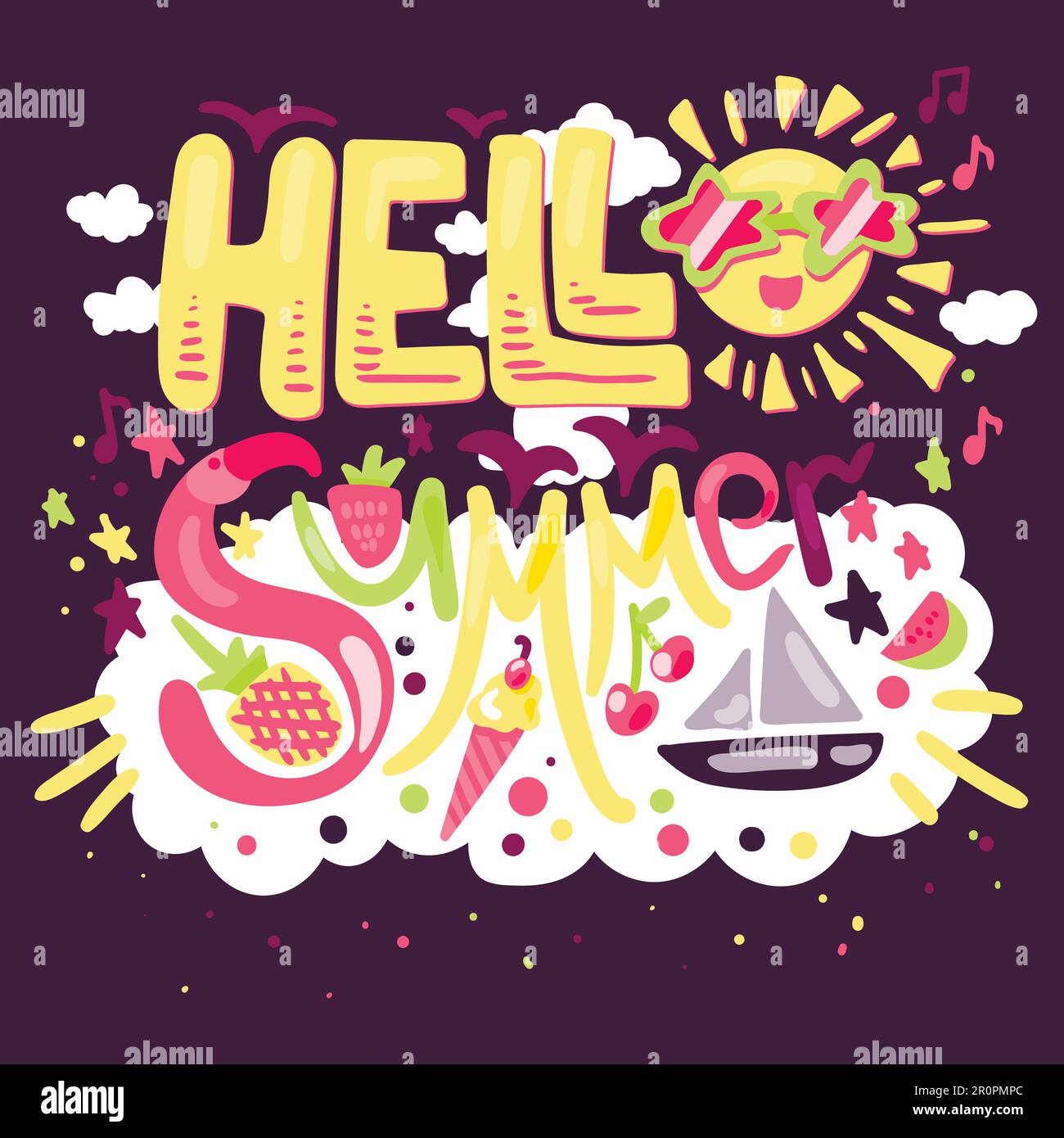 Hello Summer Concept With Fruits, Ice Cream, Flamingos, Yacht and Sun ...