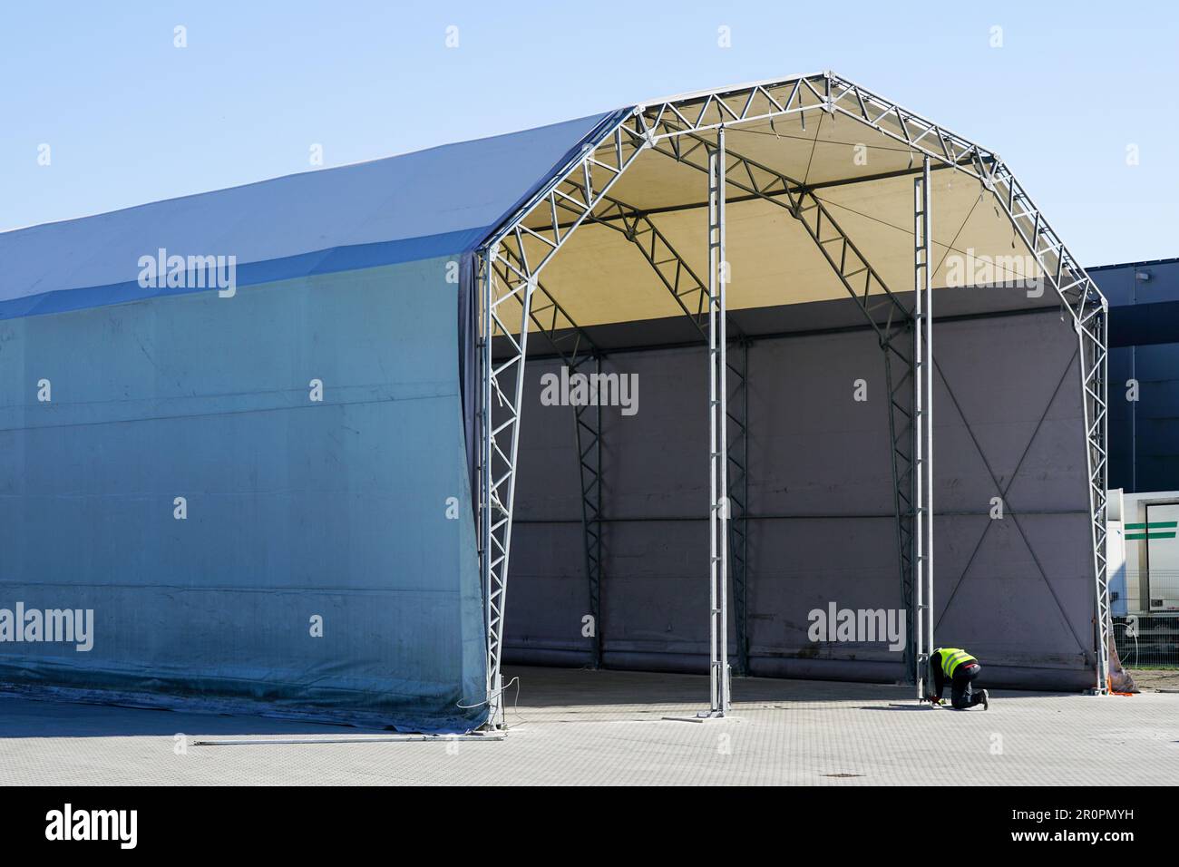 Unfinished large prefabricated arched metal frame tent hangar covered ...