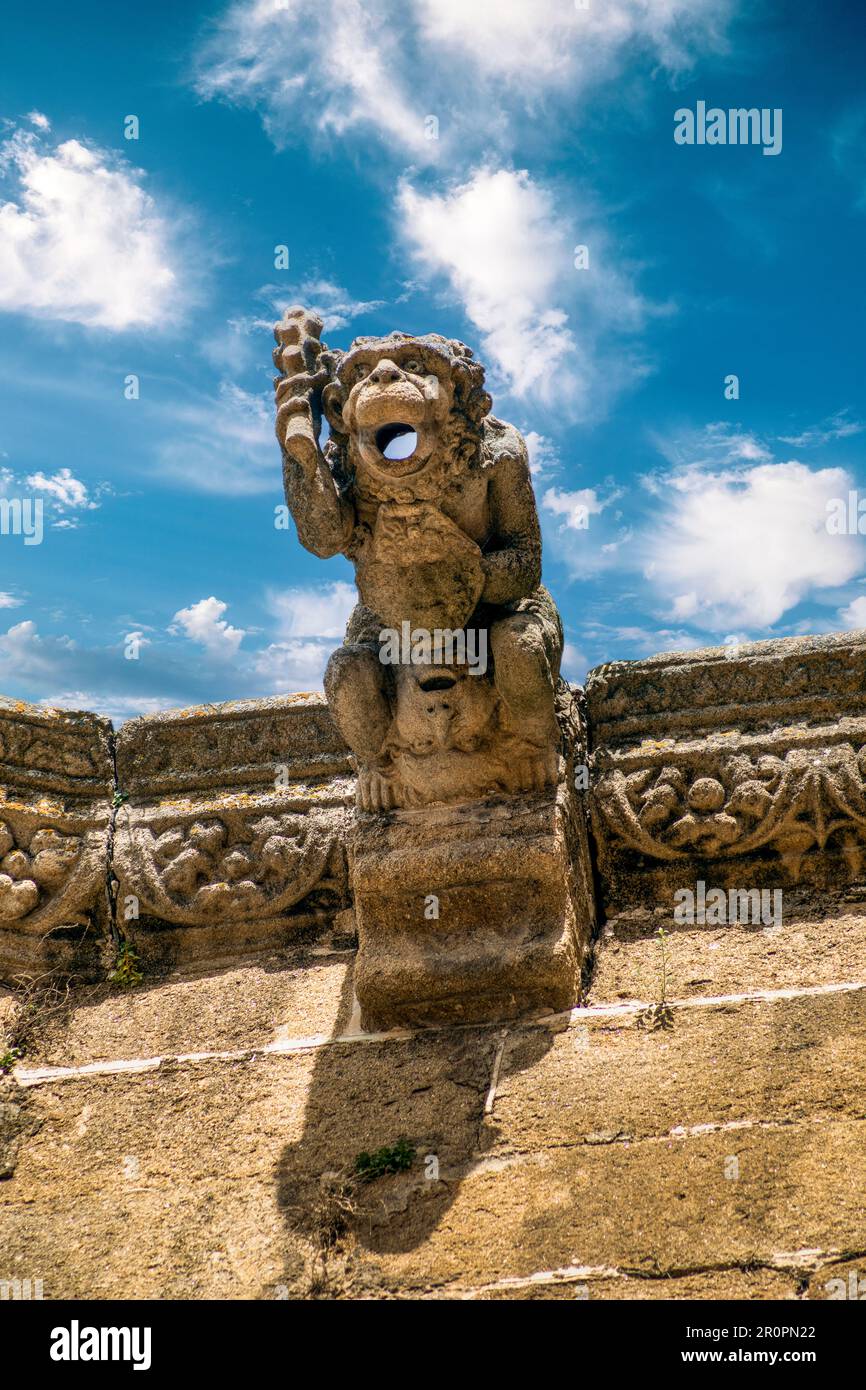 Grotesque stone gargoyle on the roof of the cathedral of Plasencia, in ...