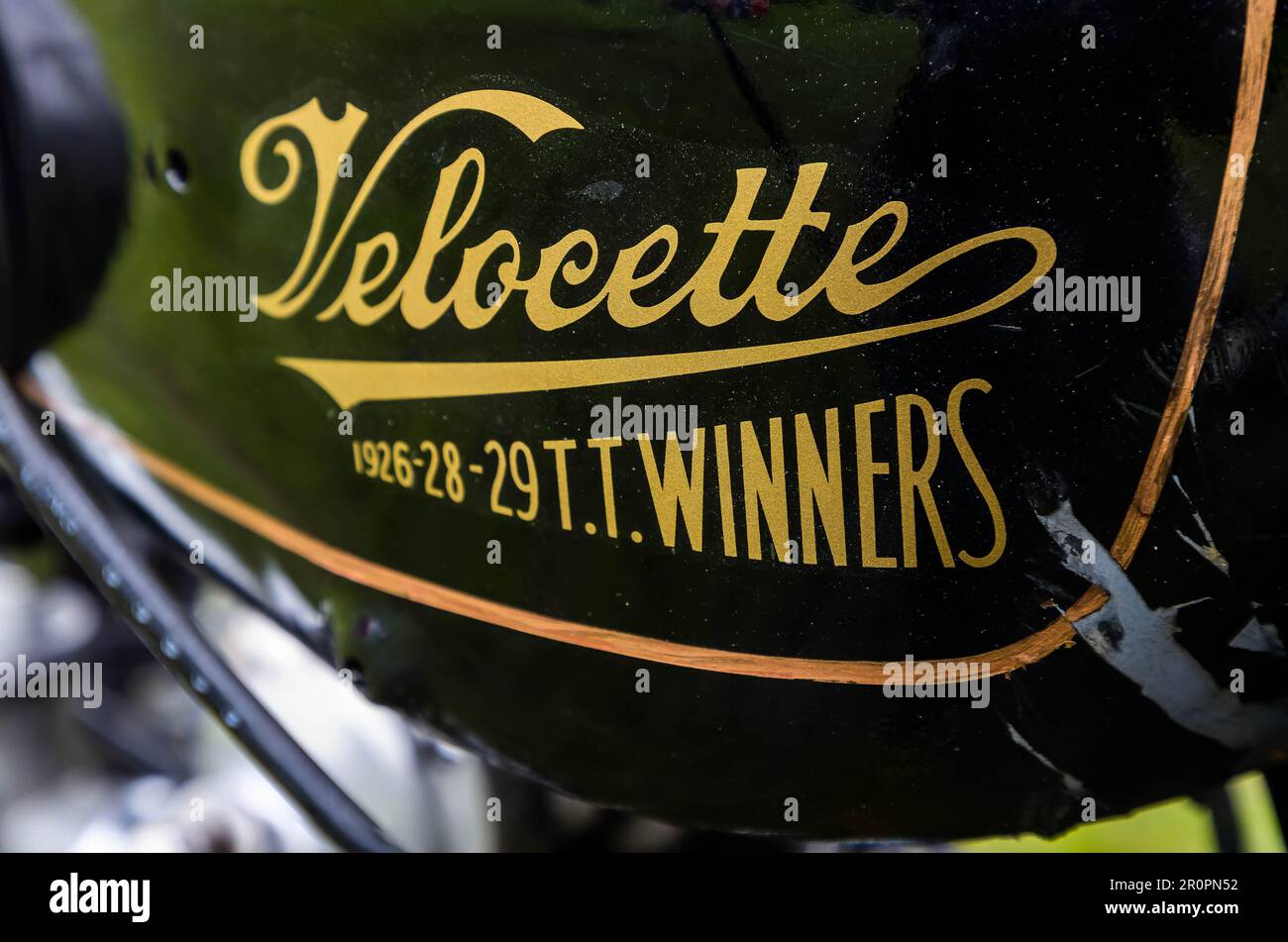 Close up of the petrol tank of a Classic Velocette Motorcycle showing ...