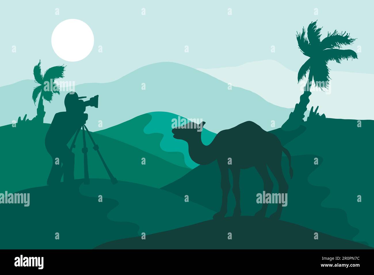 Sand Desert With Camel and Photographer, palm trees and sun. Vector ...