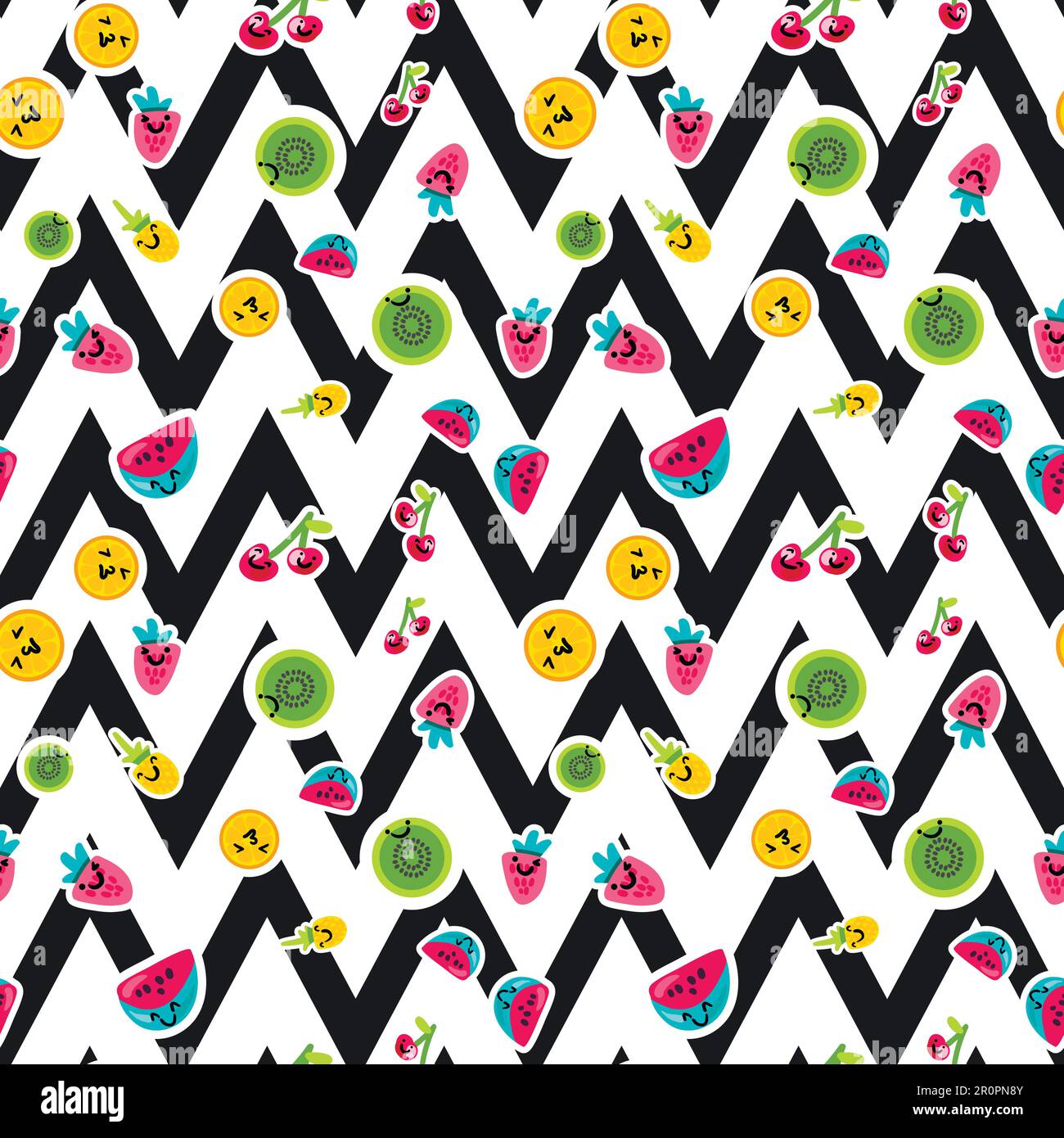 Vector Summer Fruits Patterns in cartoon style. Fruits and berries with ...