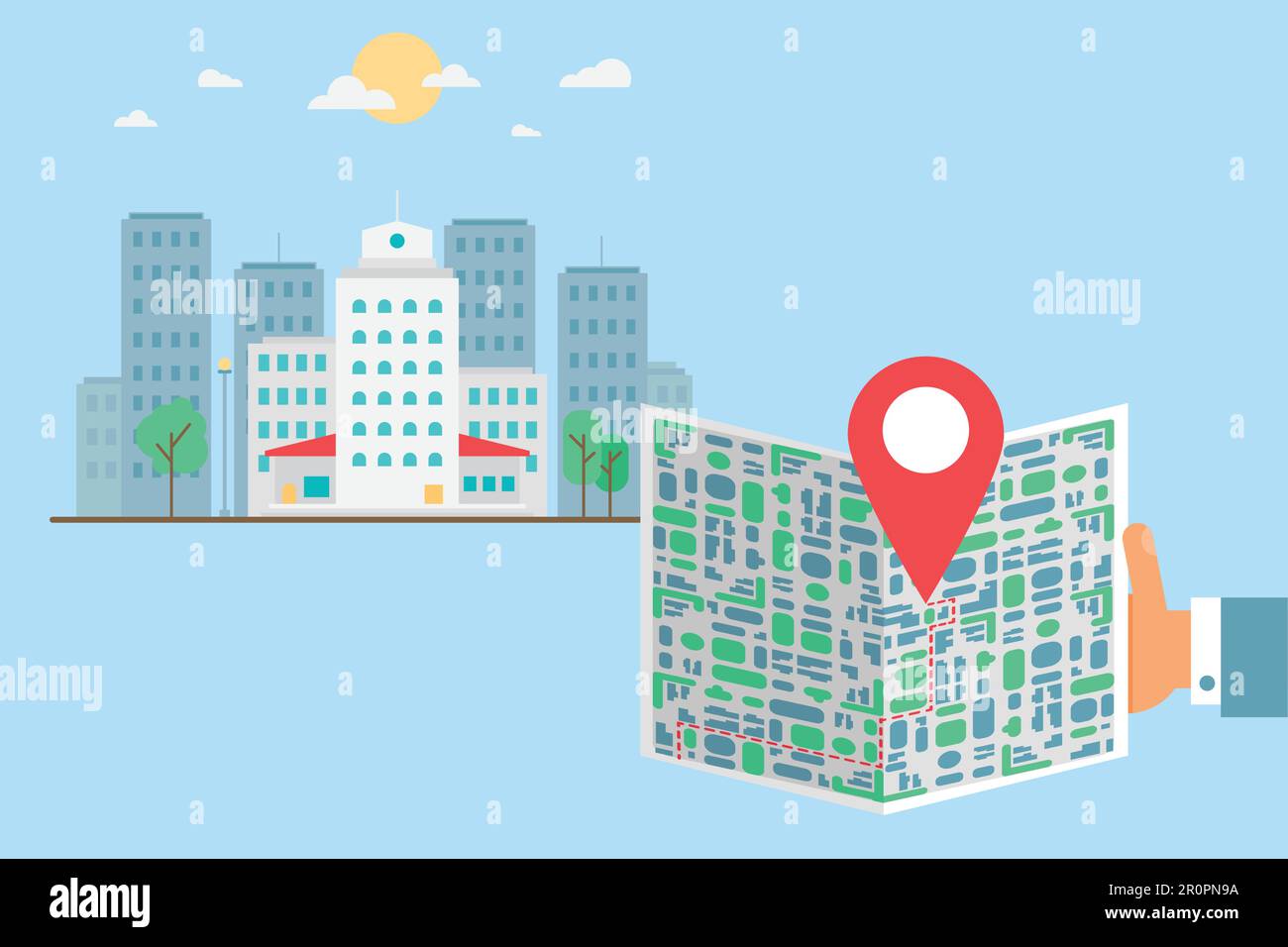 Tourist With Map In City. Smartphone screen with map pointer. Place ...