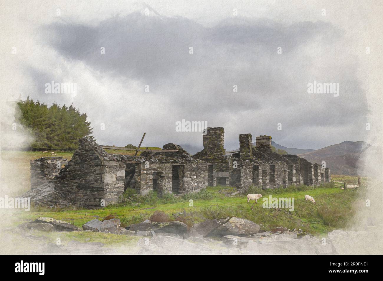 A digital watercolour painting of the abandoned Rhos Slate Quarry at ...