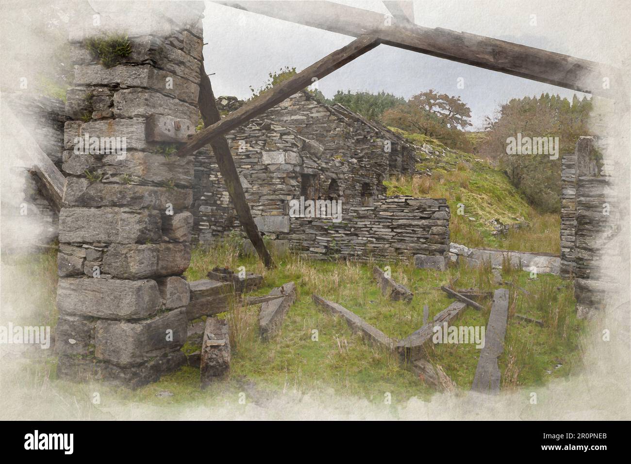 A digital watercolour painting of the abandoned Rhos Slate Quarry at ...
