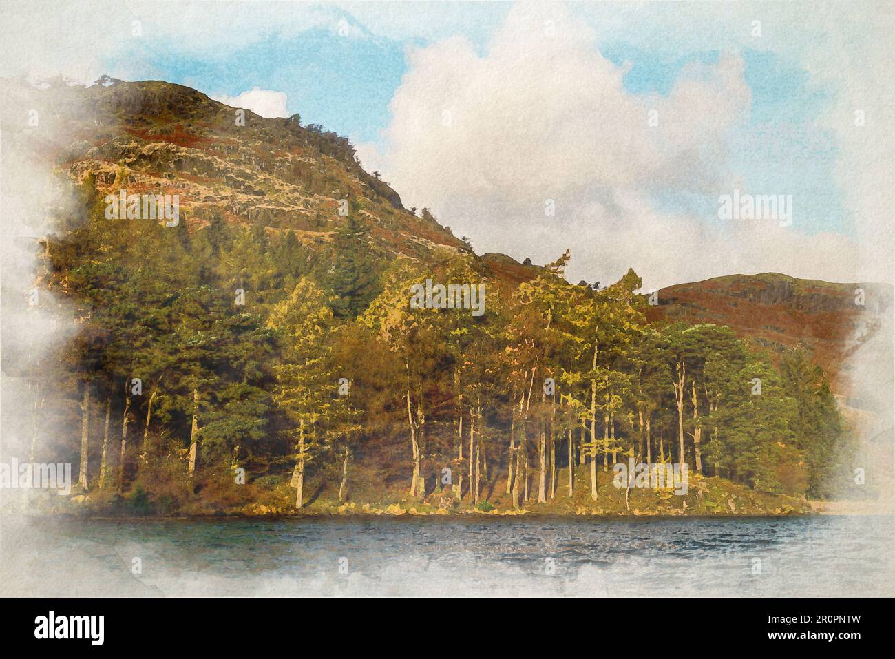 A digital watercolour painting of moody morning fall light at Blea Tarn ...