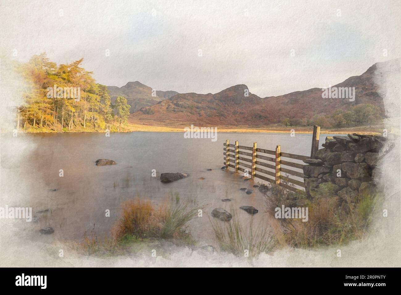 A digital watercolour painting of moody morning fall light at Blea Tarn ...
