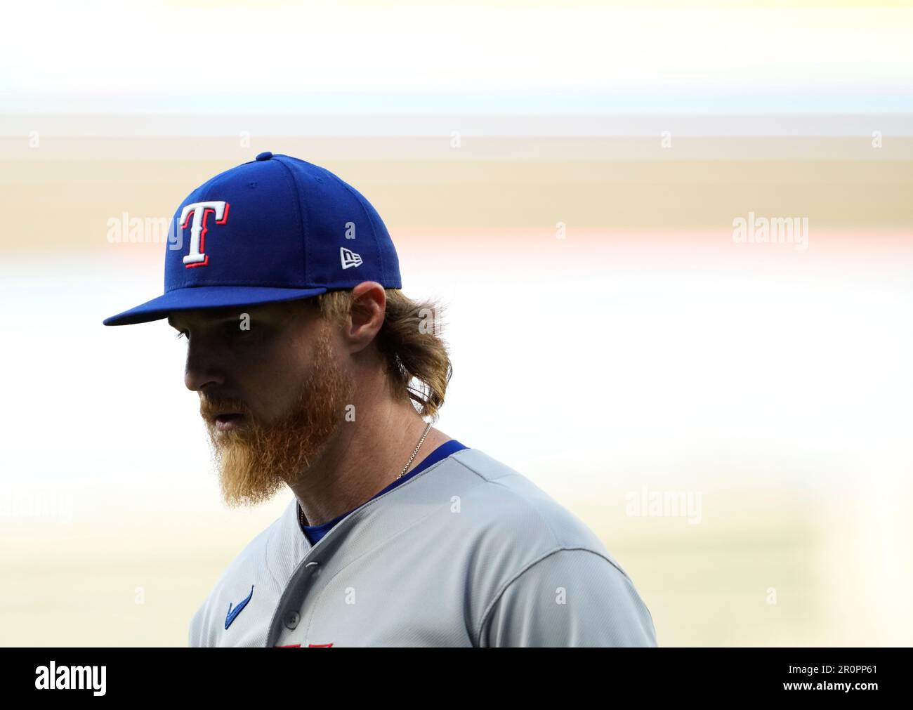 Texas Rangers starting pitcher Jon Gray walks off the field after ...