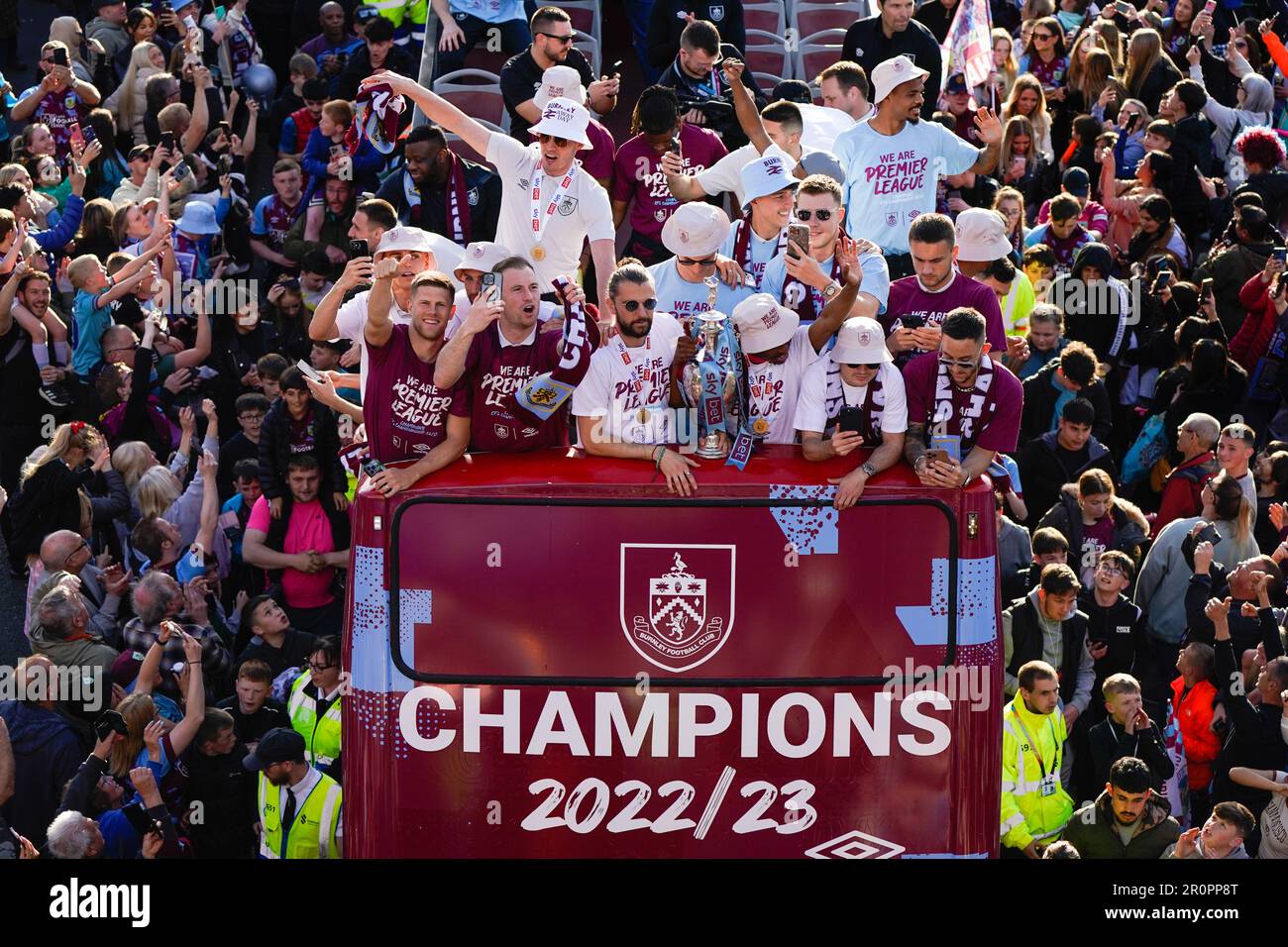 Burnley players during their open top bus parade from Burnley Town Hall ...