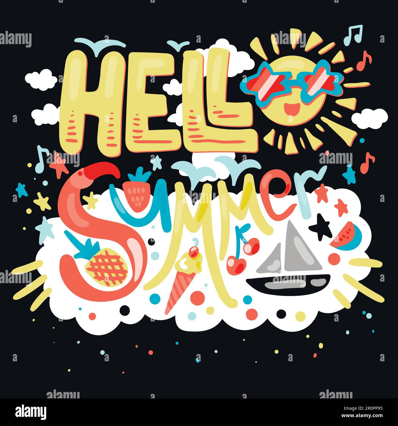 Hello Summer Concept With Fruits, Ice Cream, Flamingos, Yacht and Sun ...