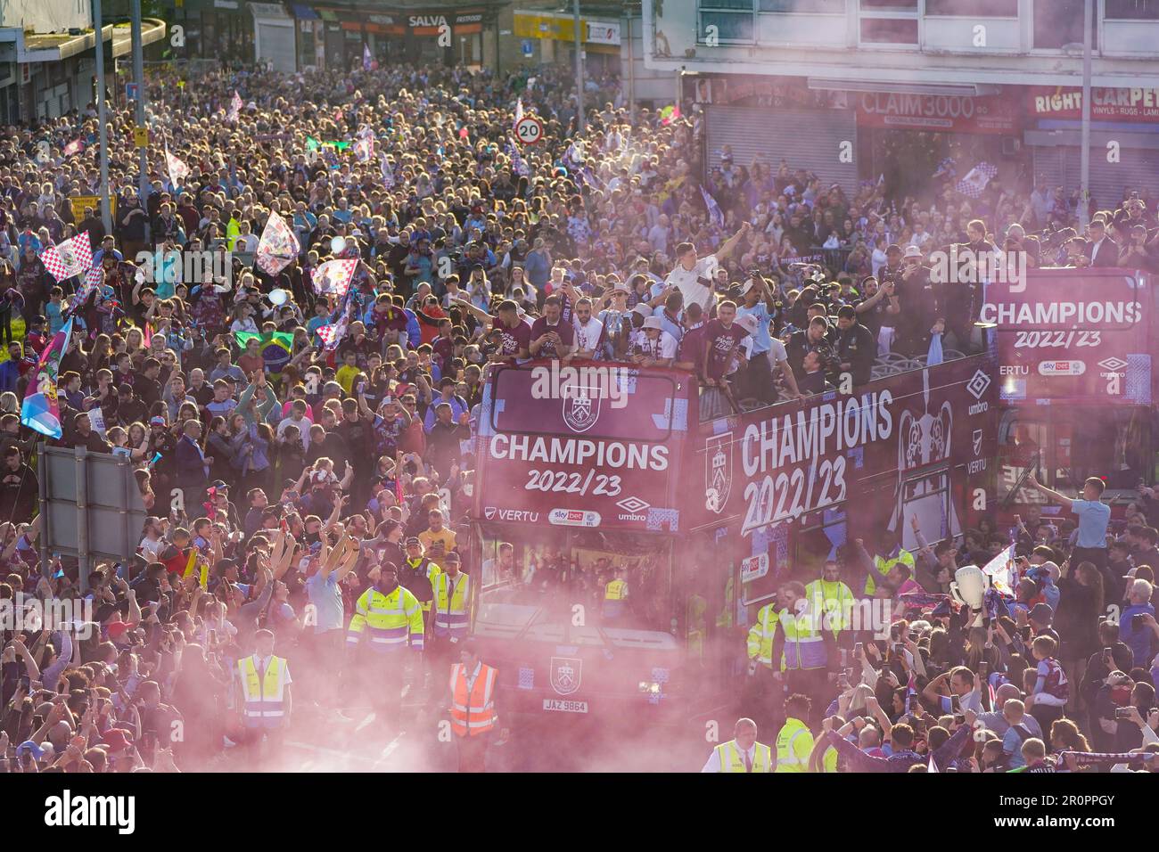 Burnley players during their open top bus parade from Burnley Town Hall ...