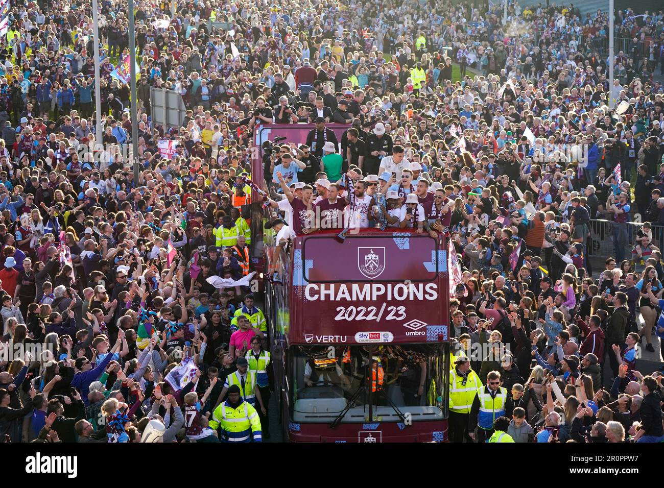 Burnley players during their open top bus parade from Burnley Town Hall ...