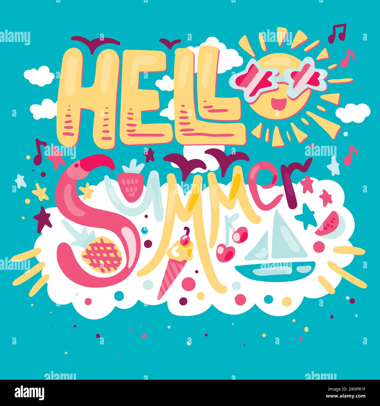 Hello Summer Concept With Fruits, Ice Cream, Flamingos, Yacht and Sun ...