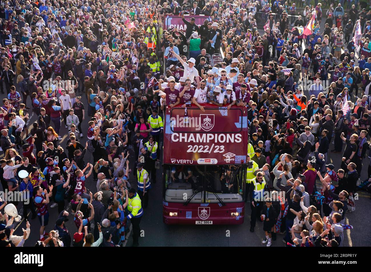 Burnley players during their open top bus parade from Burnley Town Hall ...