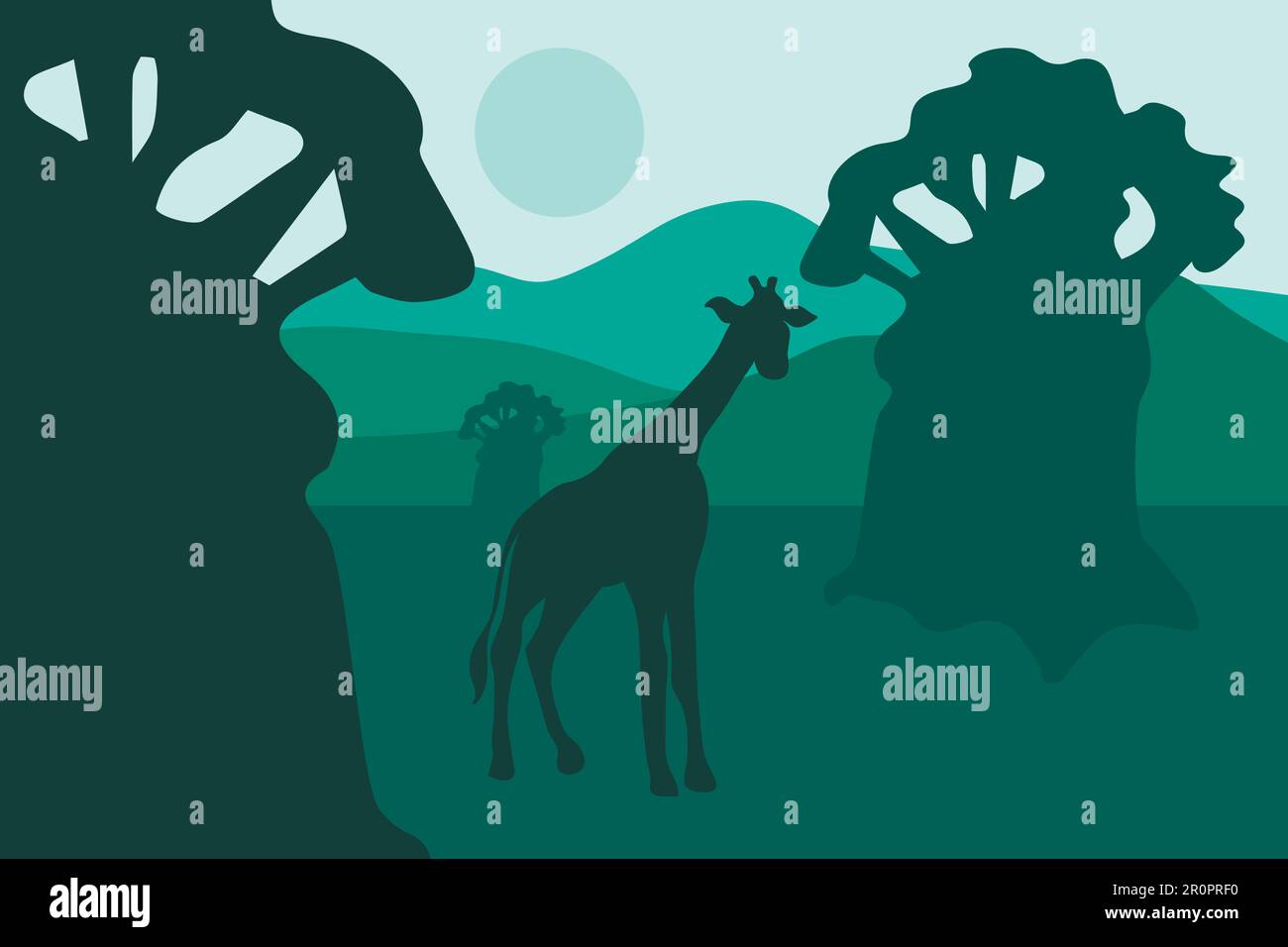 African landscape with baobabs and walking giraffe. Wildlife scene ...