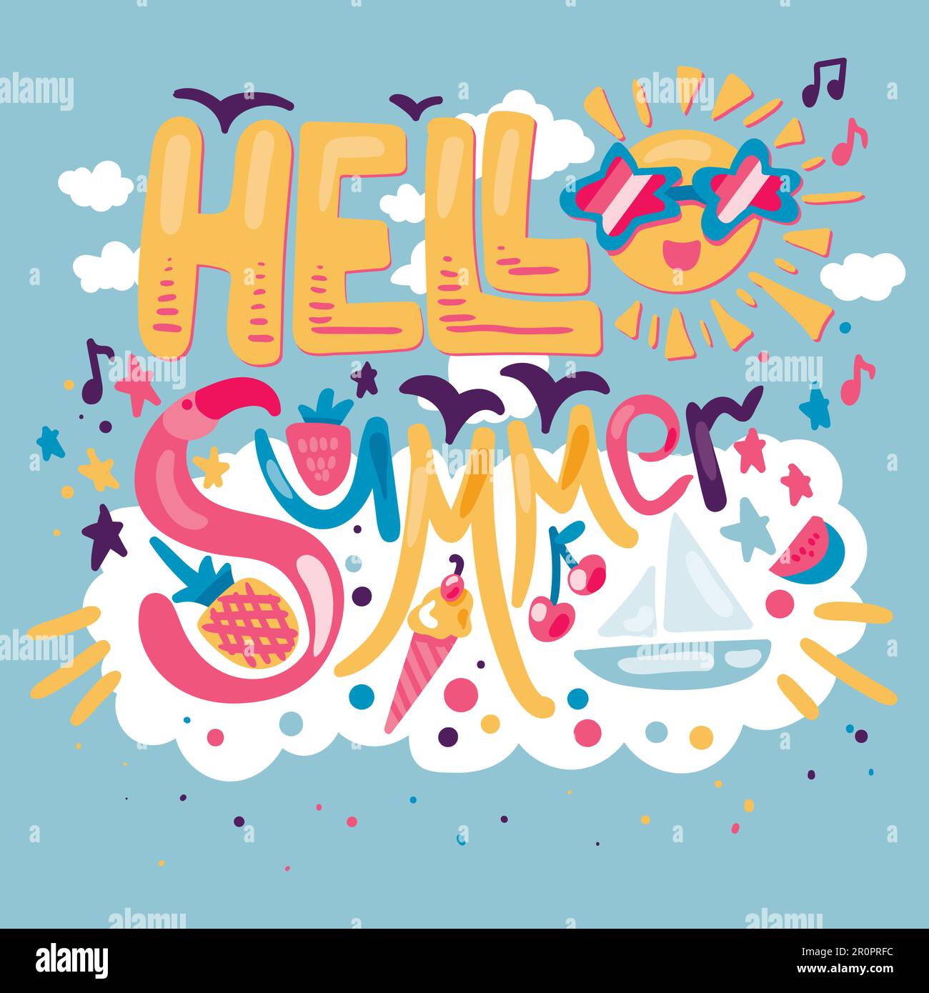 Hello Summer Concept With Fruits, Ice Cream, Flamingos, Yacht and Sun. Vector Stock Vector Image ...