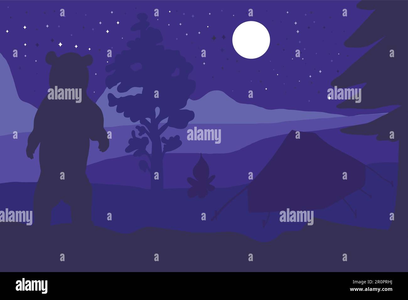 Walking Bear In Forest Mountain Camp. Tent under tree. Night with moon ...