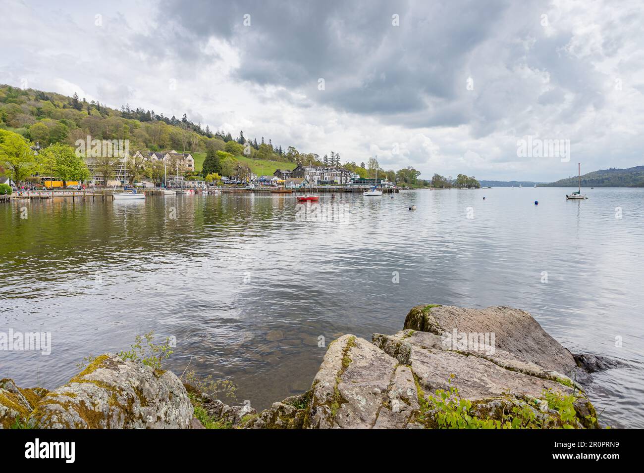Overlooking rocks at the Northern tip of Lake Windermere facing the ...