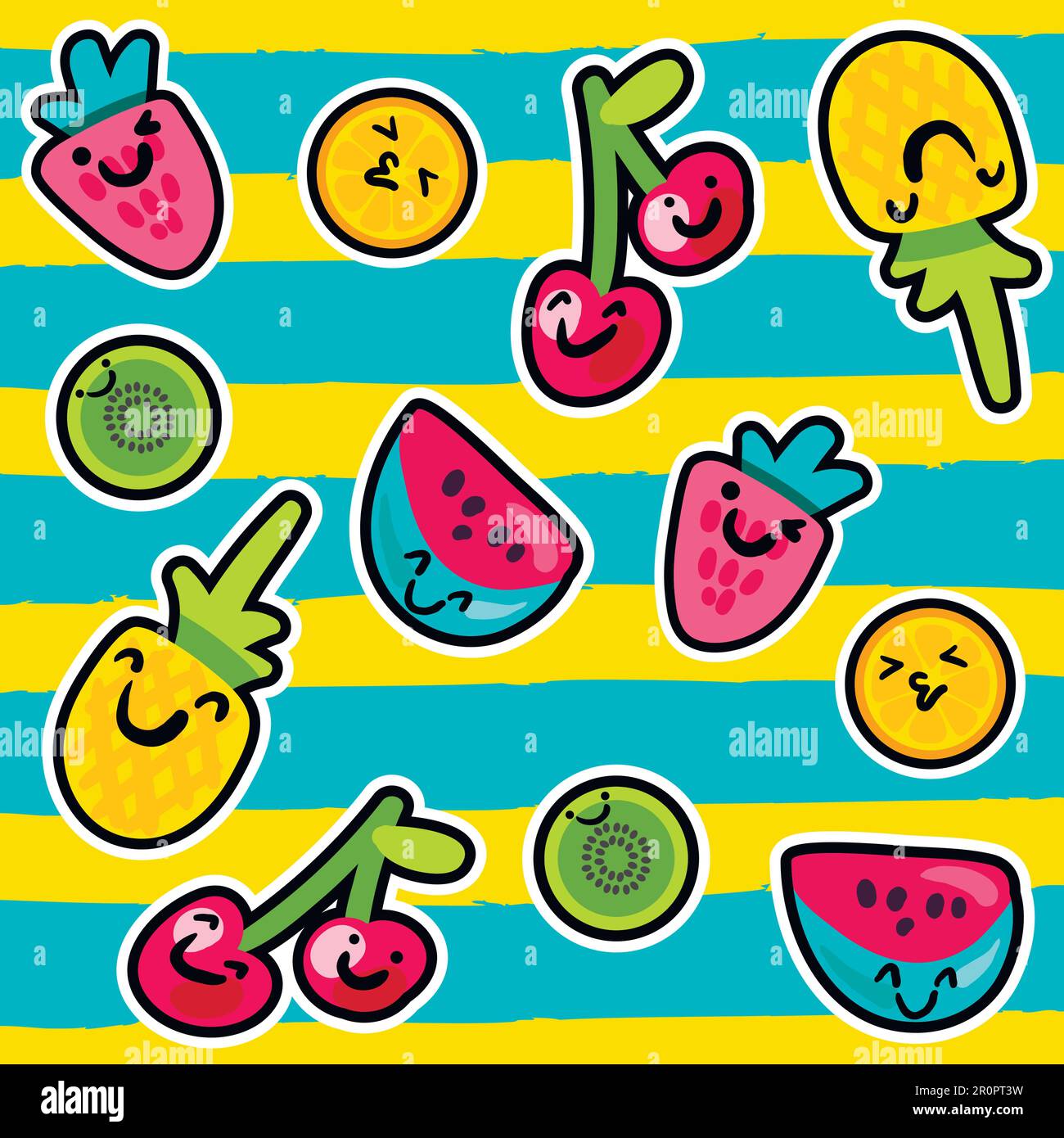 Vector Summer Fruits Patterns in cartoon style with smiles. Fruits and ...