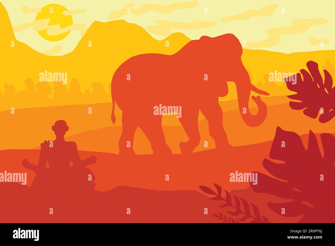 Indian tropical landscape with elephant and monk. Vector Stock Vector ...